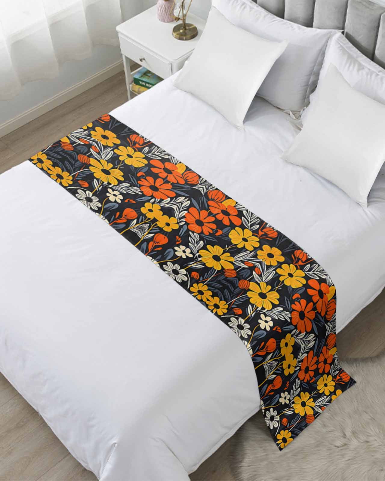 Bed Runner Scarf King Size, Orange Yellow Black Botanical Stain Bed ...
