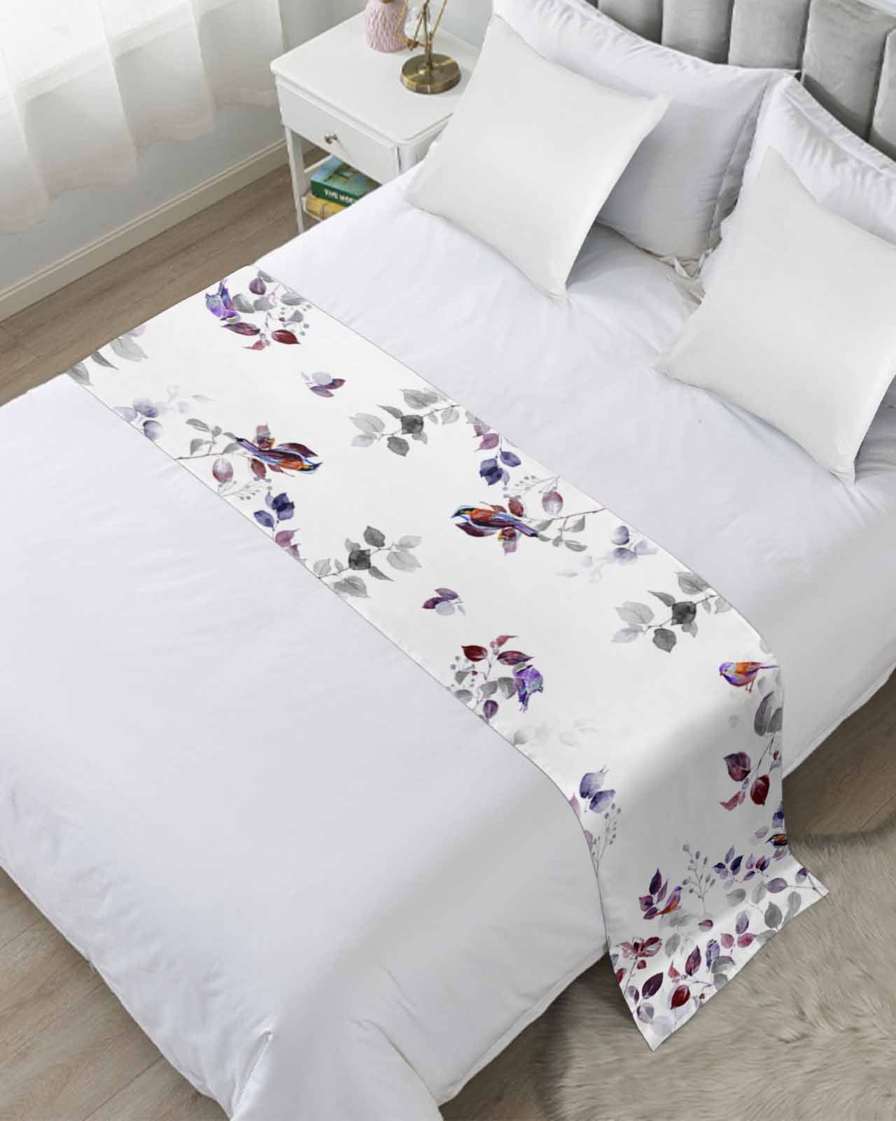 Bed Runner Scarf King Size, Purple Grey Leaves Stain Bed Runners ...