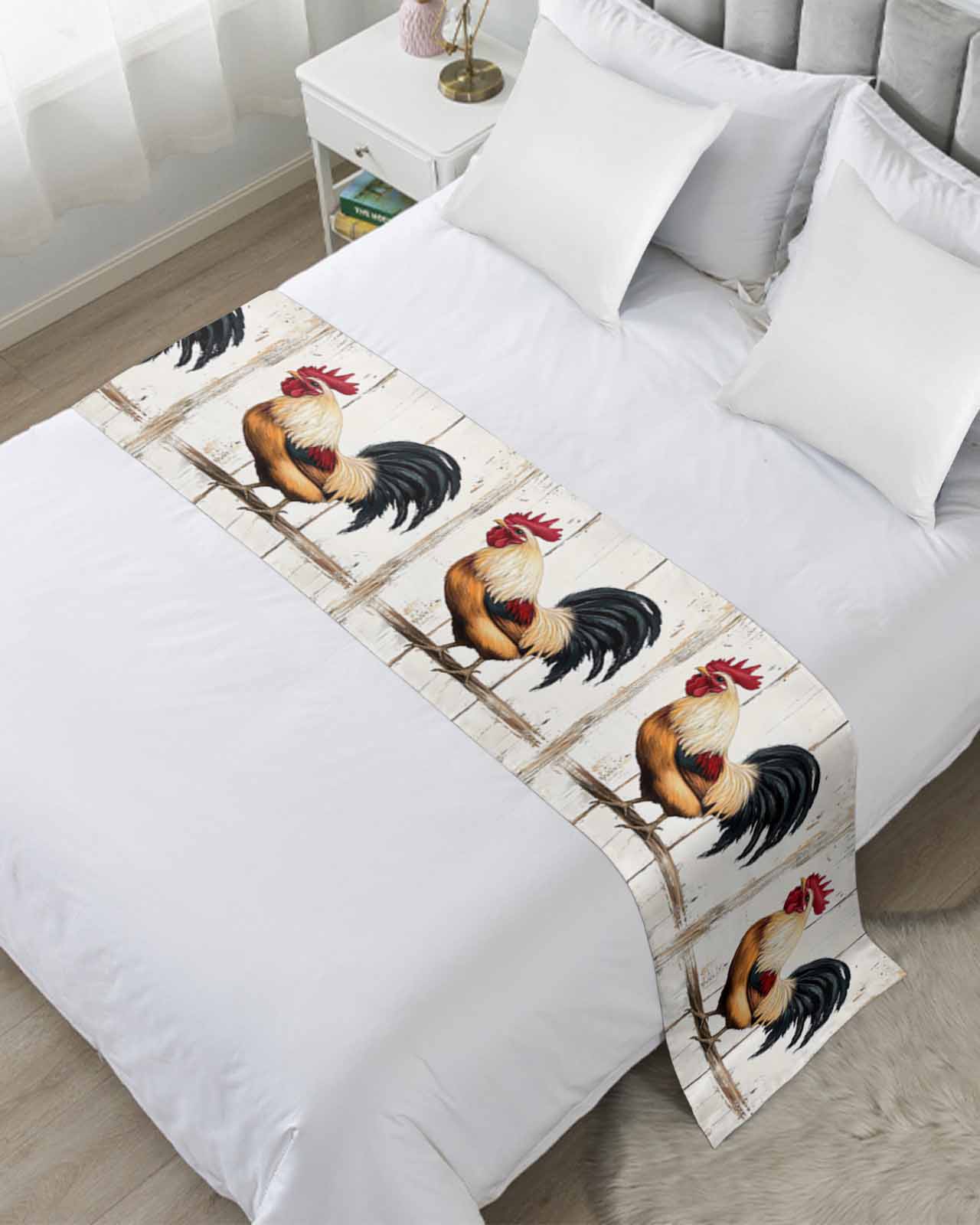 Bed Runner Scarf King Size, Red Retro Rooster Stain Bed Runners ...