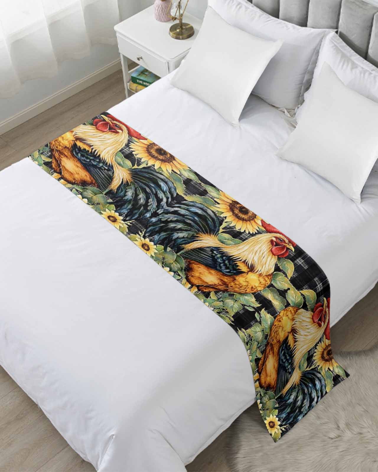 Bed Runner Scarf King Size, Sunflower Rooster Stain Bed Runners ...