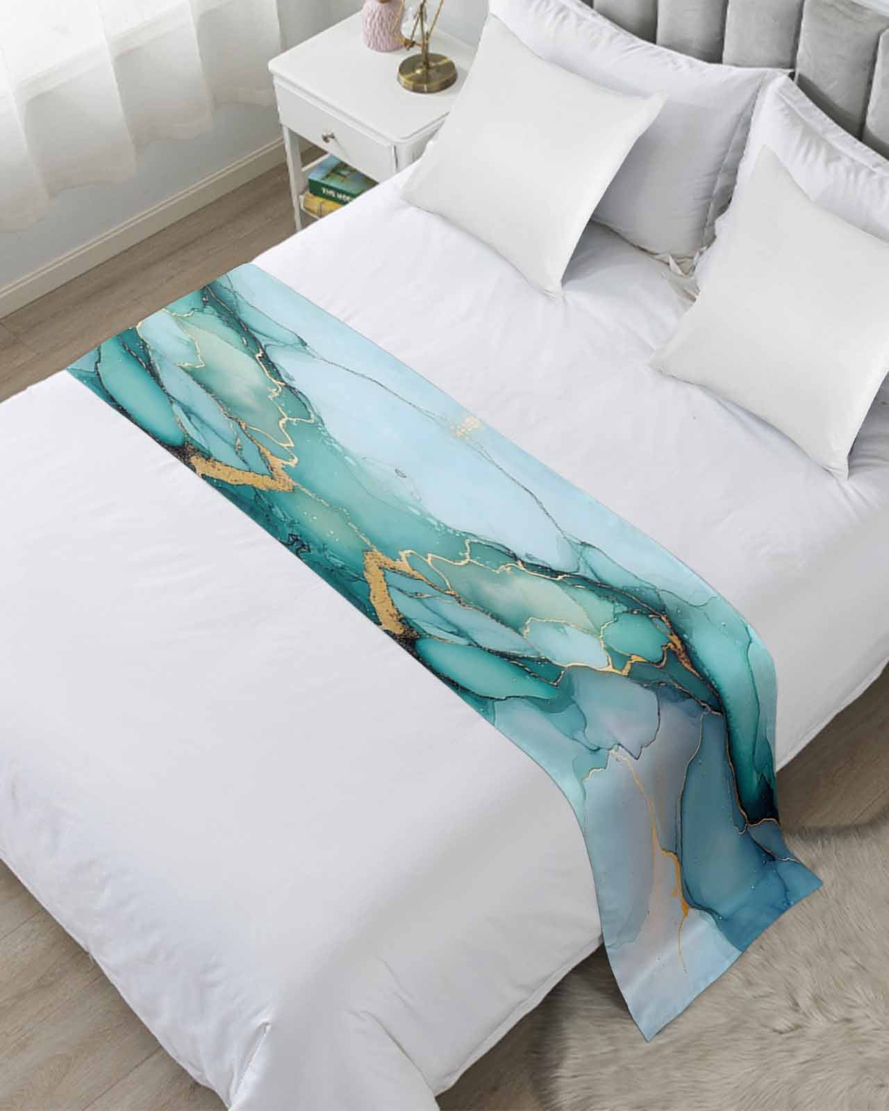 Bed Runner Scarf King Size, Turquoise Gold Marble Stain Bed Runners ...