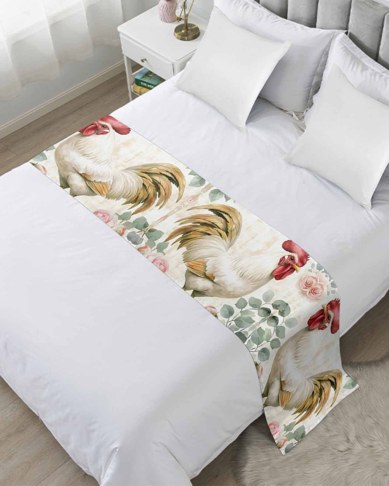 Bed Runner Scarf King Size, White Retro Rooster Stain Bed Runners ...