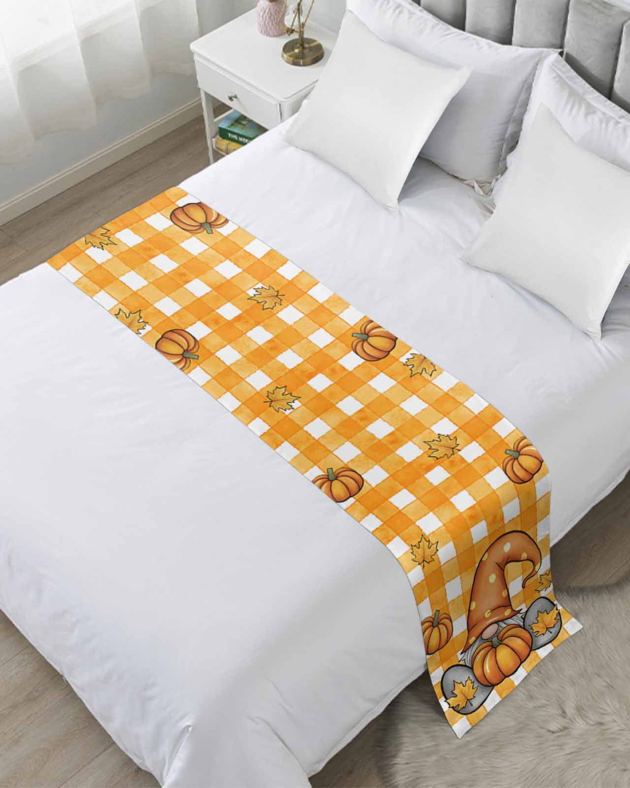 Bed Runner Scarf King Size, Yellow Orange Gnomes Fall Stain Bed Runners ...