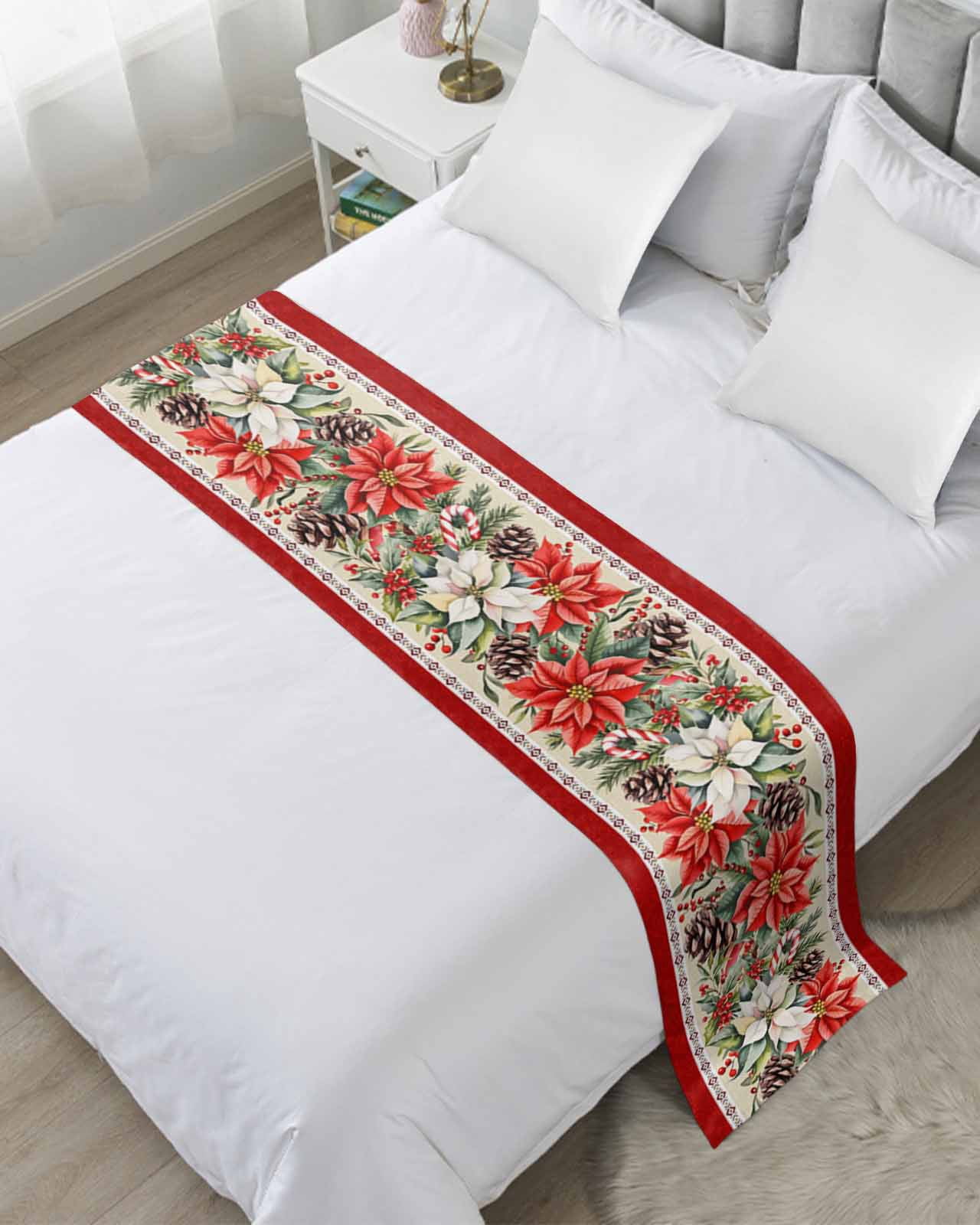 Bed Runner Scarf for Queen Size Bed, Christmas Poinsettia Beds Scarf ...