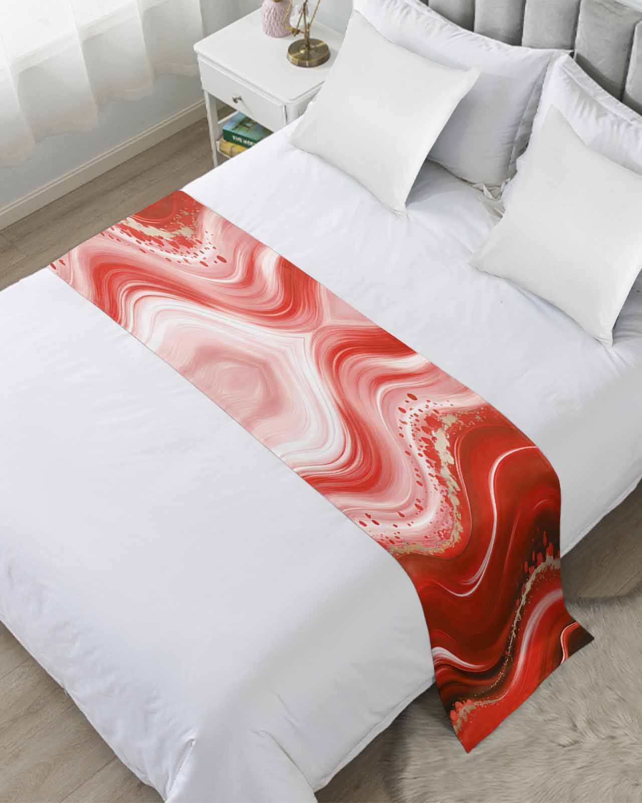 Bed Runner Scarf for Queen Size Bed, Red Waves Abstract Beds Scarf ...