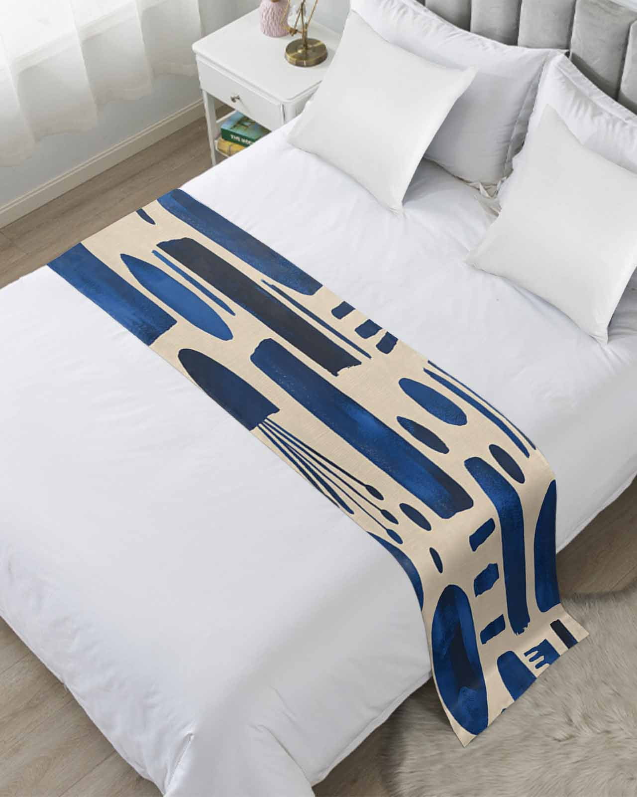 Bed Runner Scarf Queen Size, Blue Color Block Stain Bed Runners ...