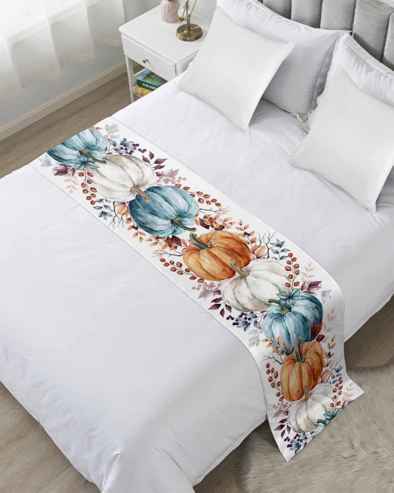 Bed Runner Scarf Queen Size, Blue Pumpkin Fall Stain Bed Runners ...
