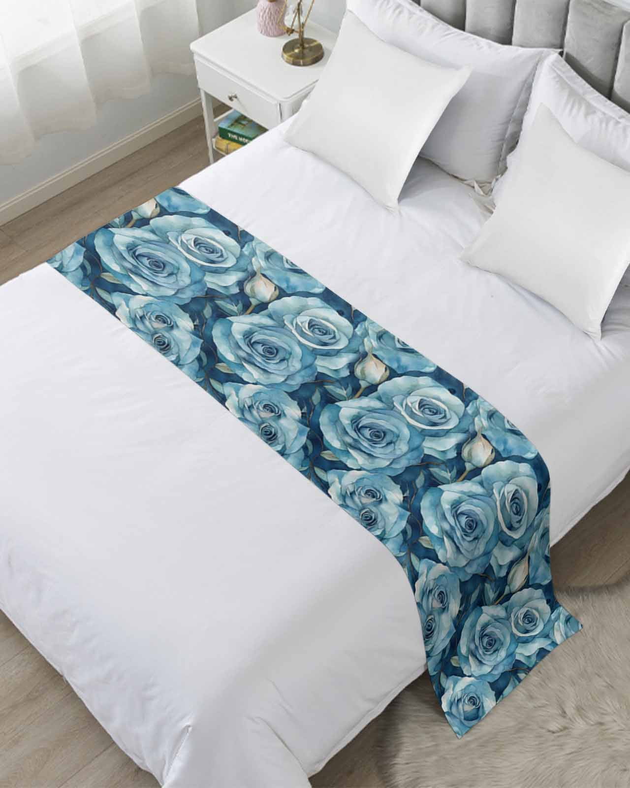 Bed Runner Scarf Queen Size, Blue Rose Flower Stain Bed Runners ...