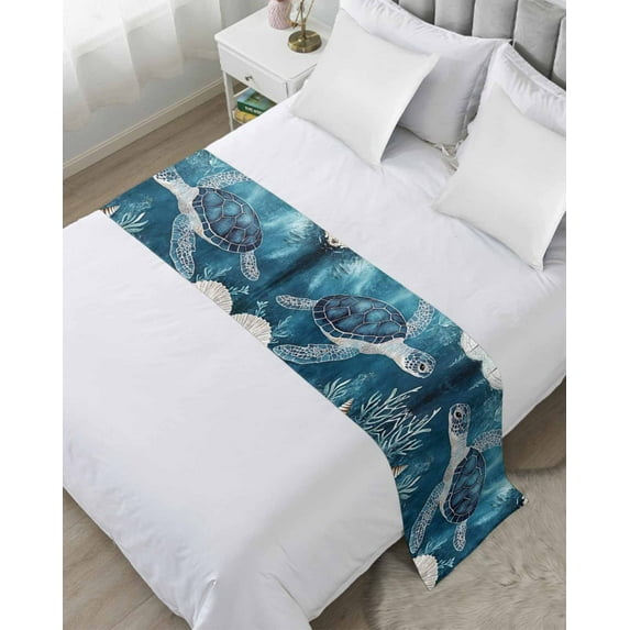 Bed Runner Scarf Queen Size, Coastal Blue Sea Turtle Stain Bed Runners ...