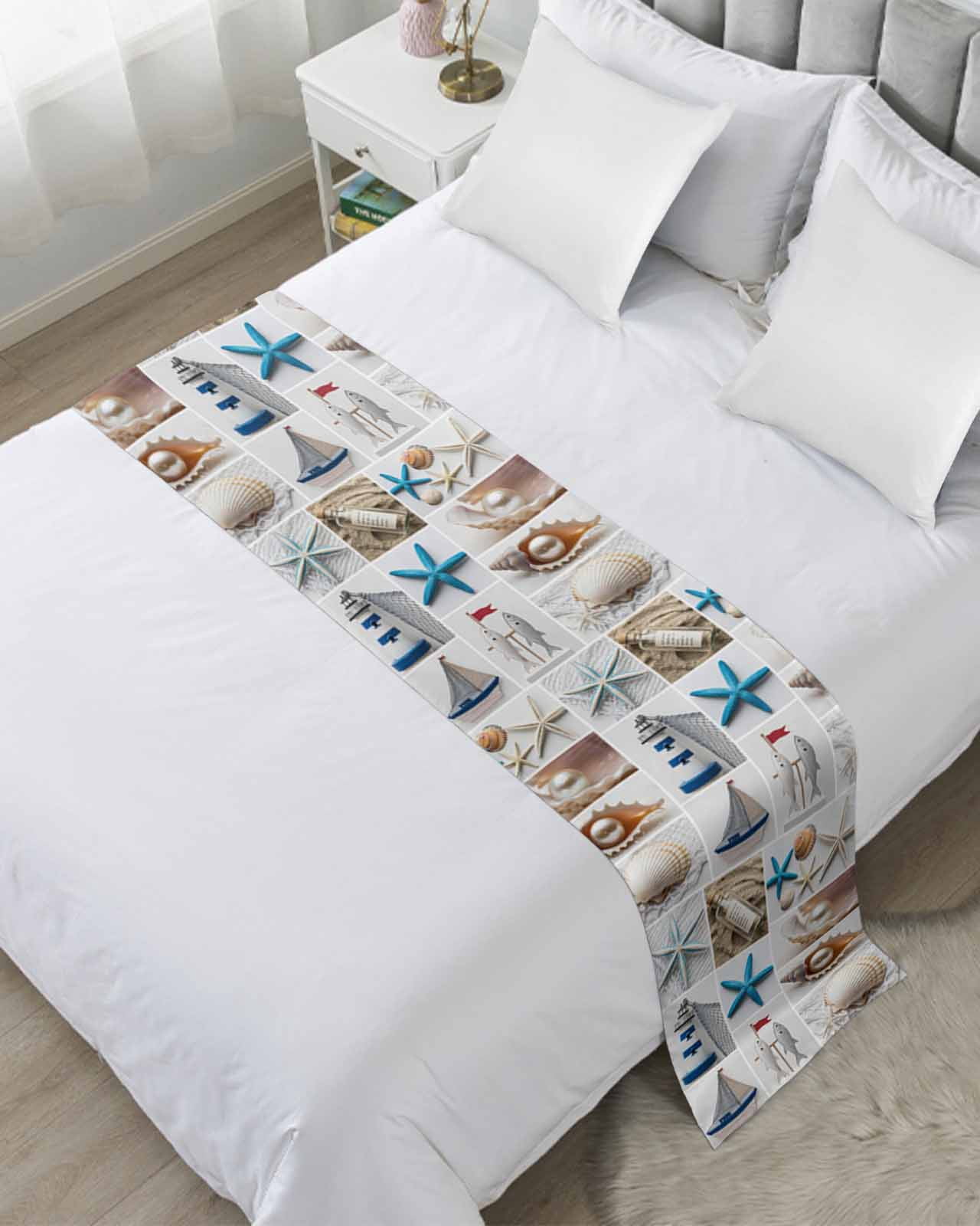 Bed Runner Scarf Queen Size, Coastal Starfish Stain Bed Runners ...
