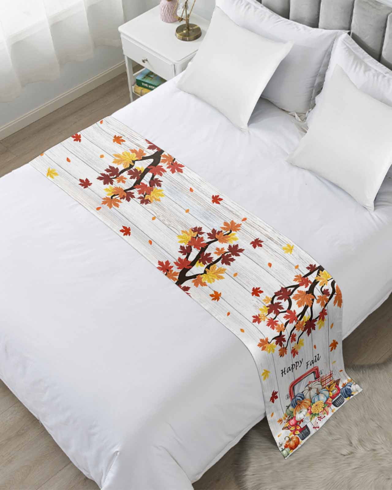 Bed Runner Scarf Queen Size, Fall Pumpkin Stain Bed Runners & Scarves ...