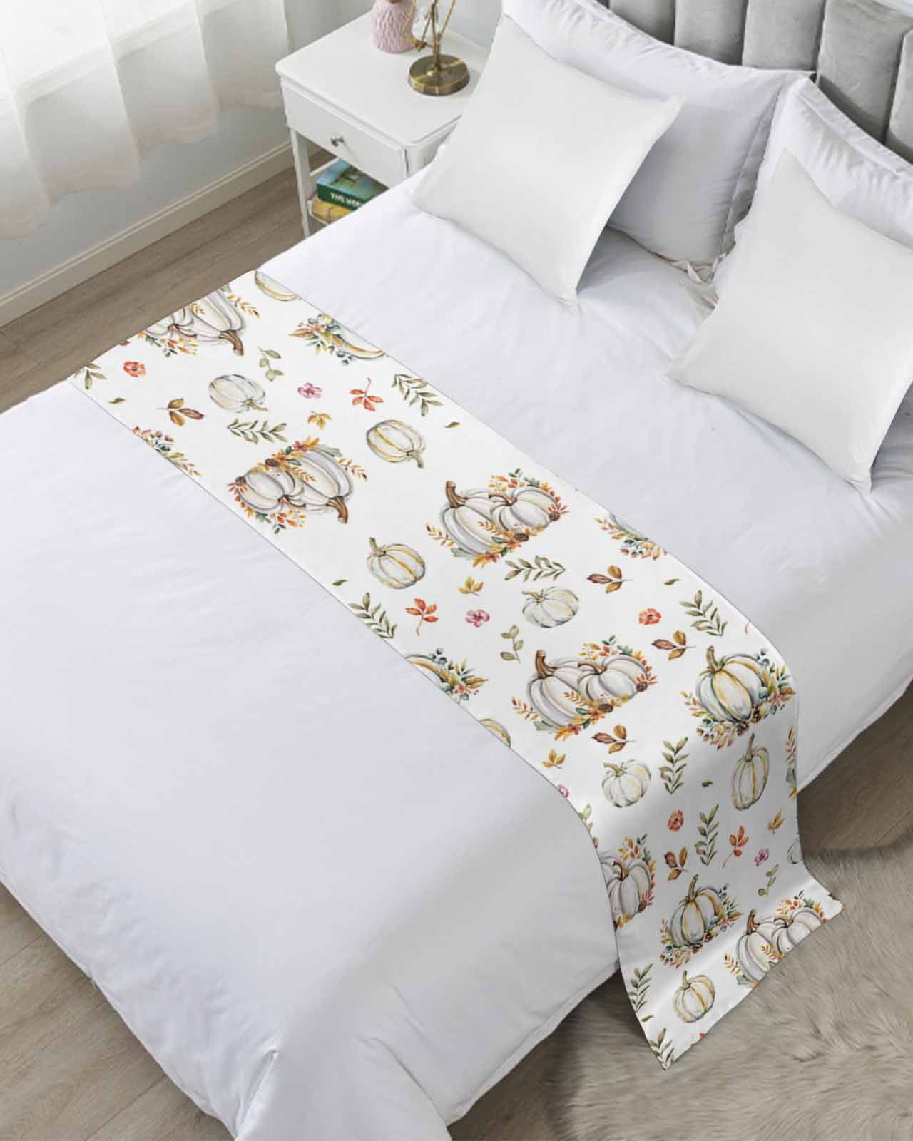Bed Runner Scarf Queen Size, Fall Pumpkins Stain Bed Runners & Scarves ...