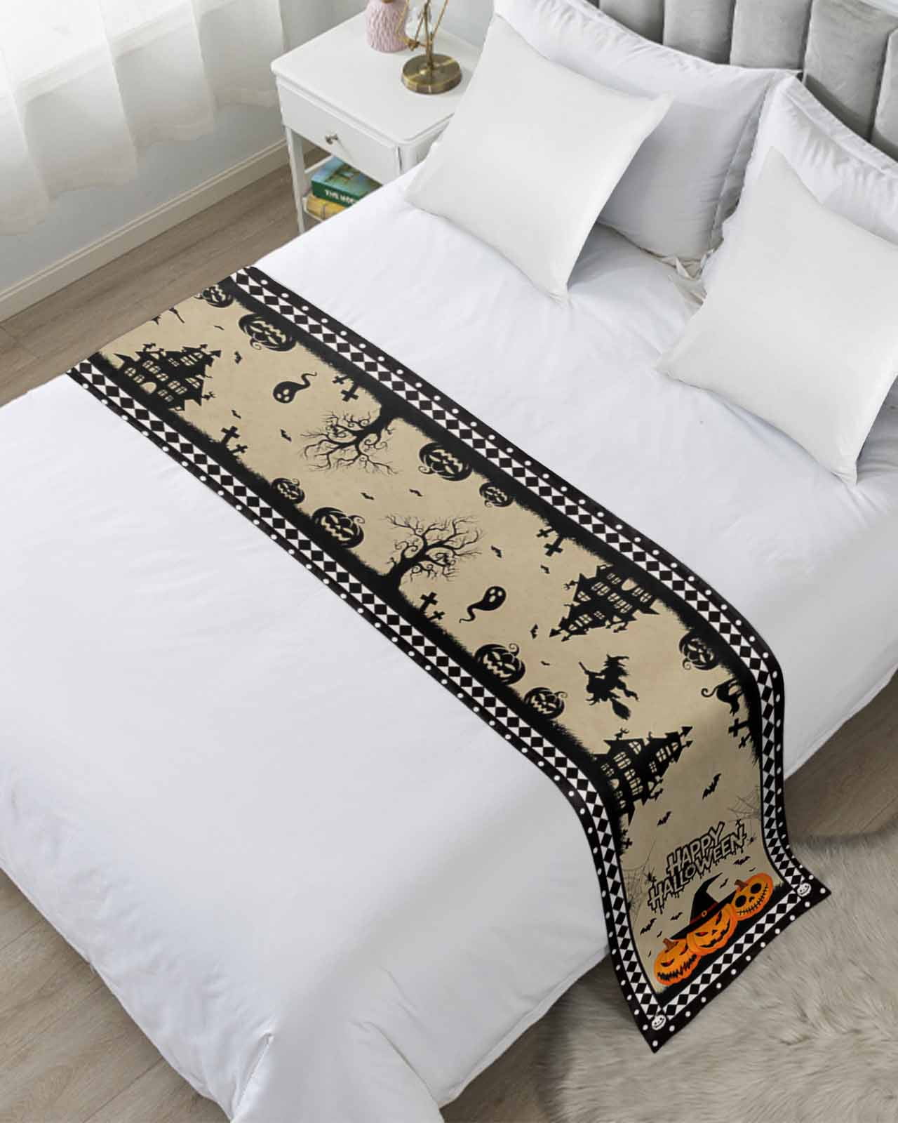Bed Runner Scarf Queen Size, Happy Halloween Stain Bed Runners ...
