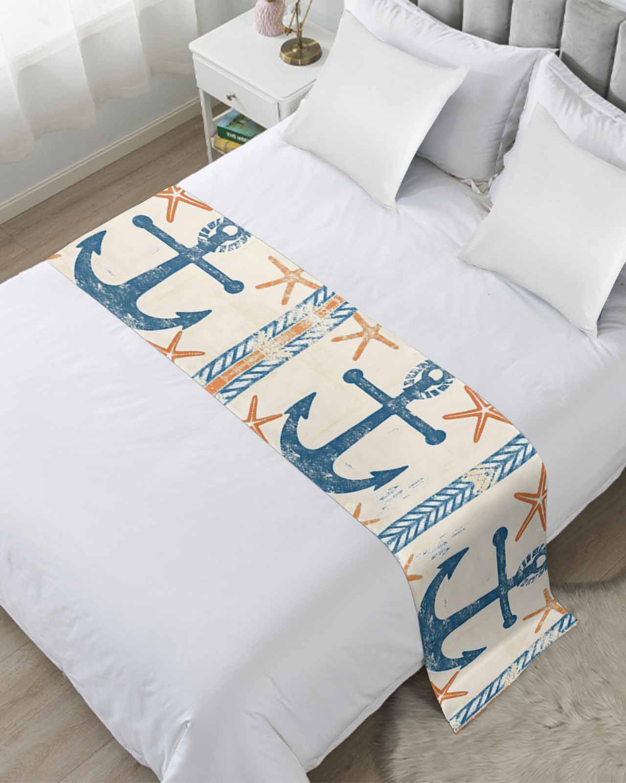 Bed Runner Scarf Queen Size, Nautical Anchor Blue Stain Bed Runners ...