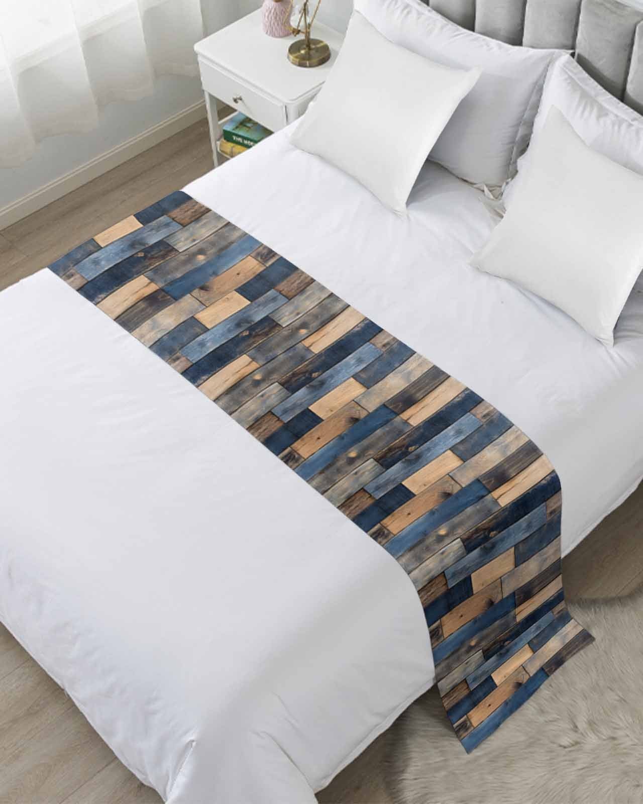Bed Runner Scarf Queen Size, Navy Blue Brown Wood Stain Bed Runners ...