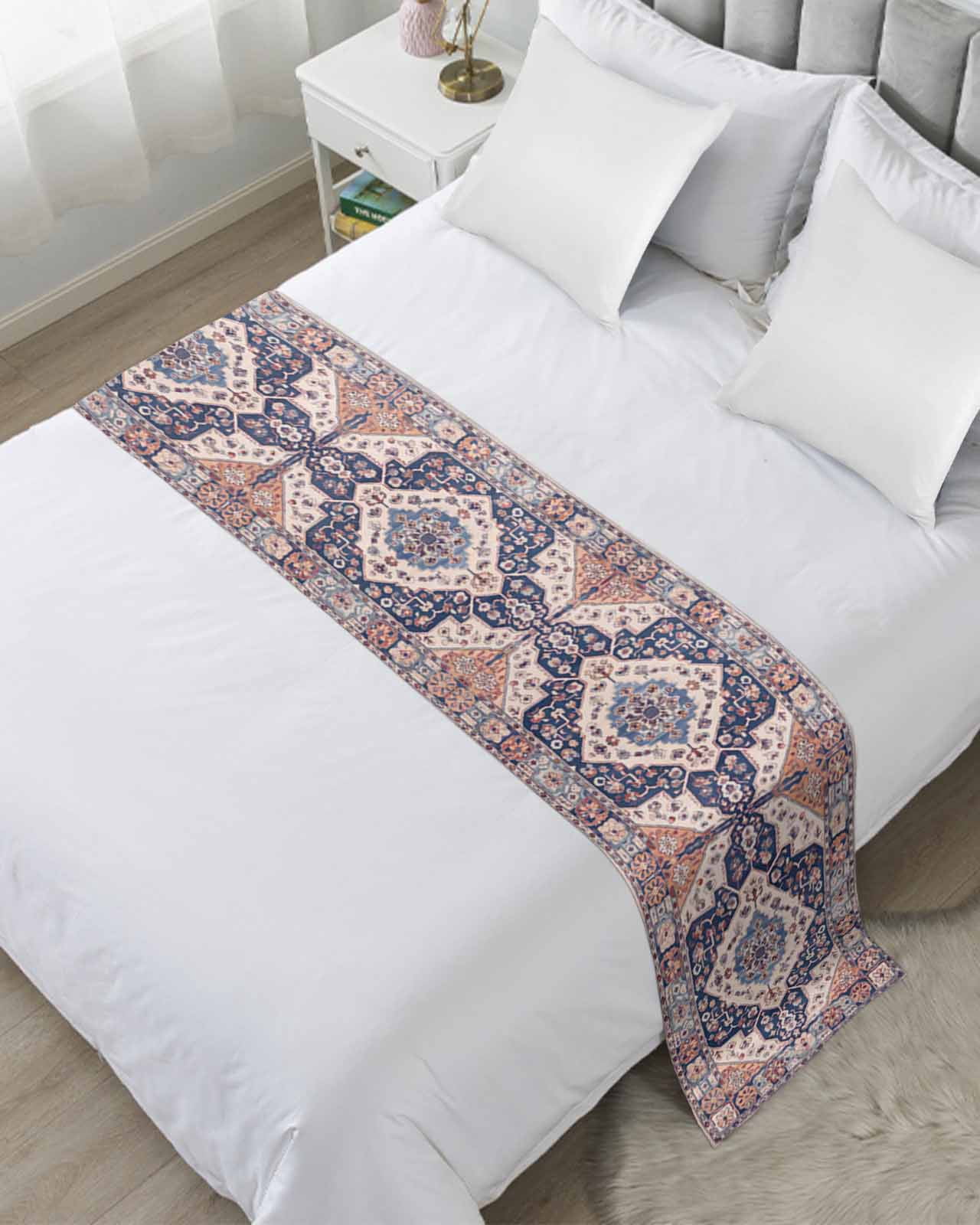 Bed Runner Scarf Queen Size, Orange Blue Boho Stain Bed Runners ...