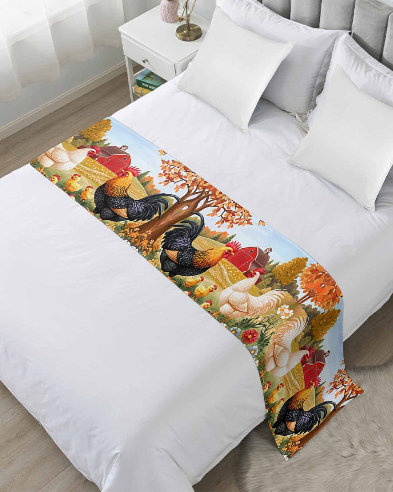 Bed Runner Scarf Queen Size, Orange Retro Rooster Stain Bed Runners ...