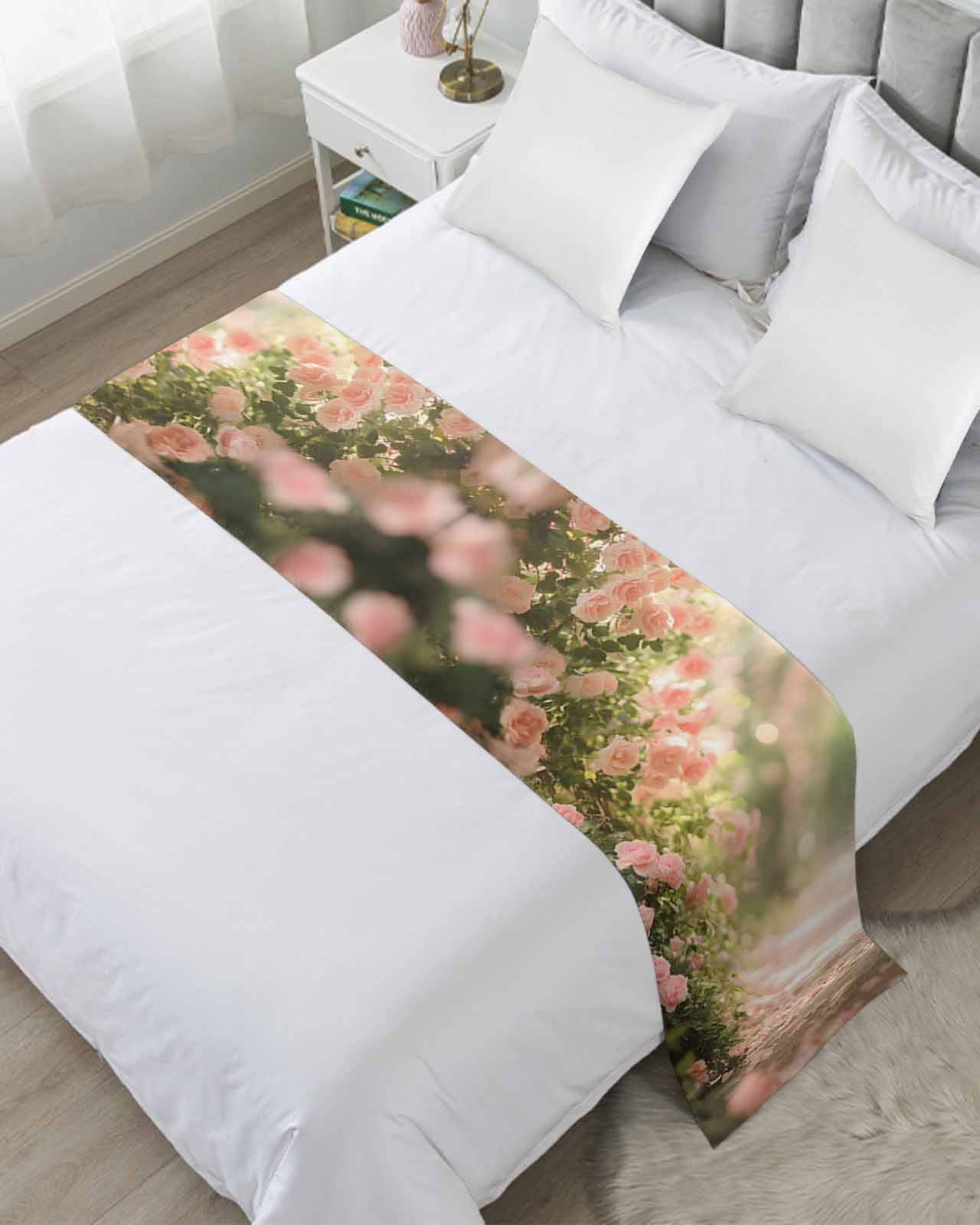 Bed Runner Scarf Queen Size, Pink Spring Floral Stain Bed Runners ...