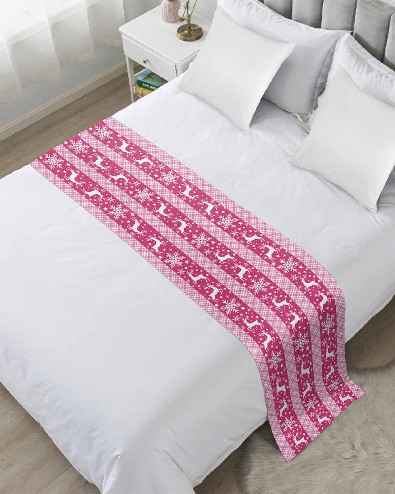 Bed Runner Scarf Queen Size, Pink Xmas Reindeer Stain Bed Runners ...