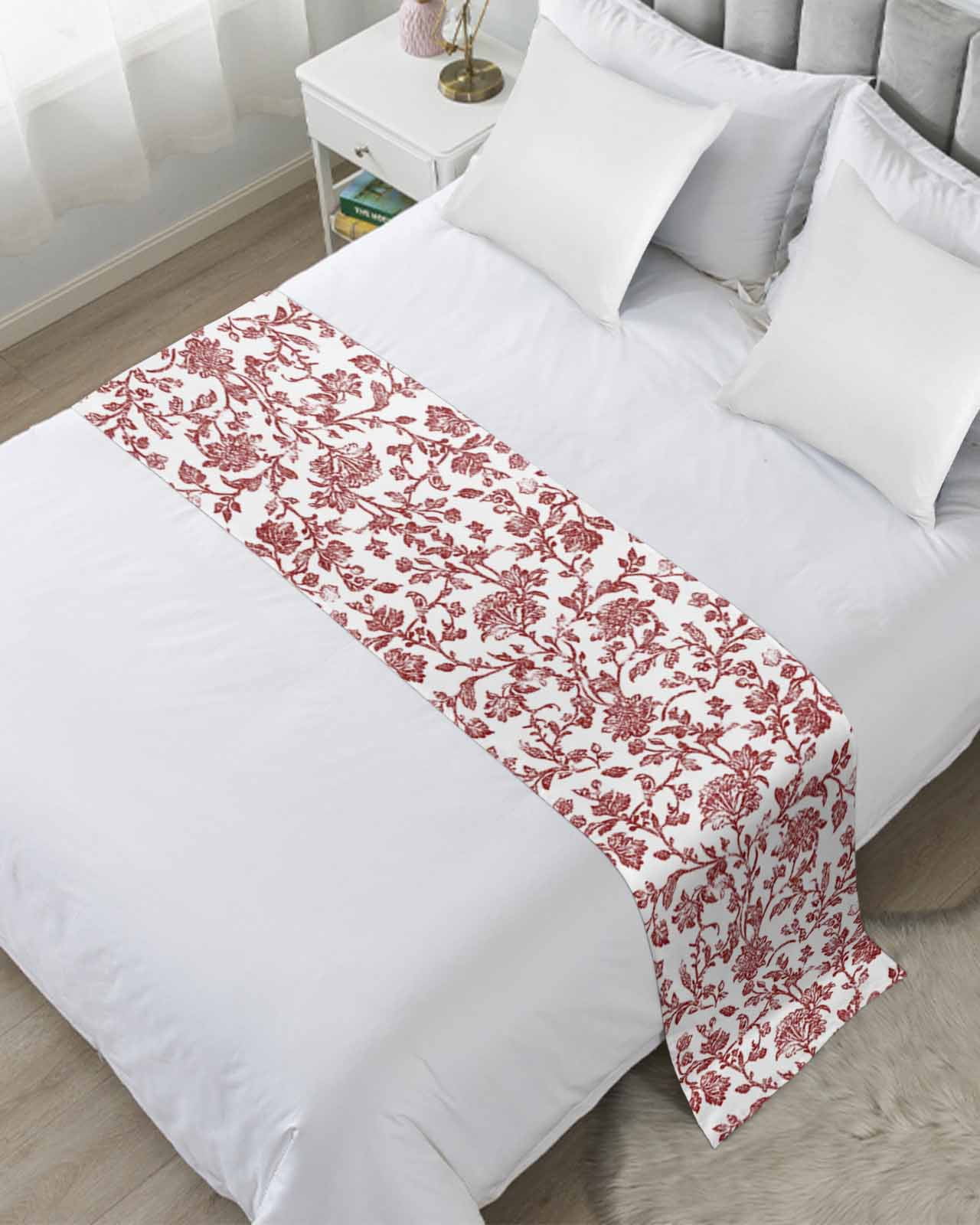 Bed Runner Scarf Queen Size, Red Boho Flower Stain Bed Runners ...
