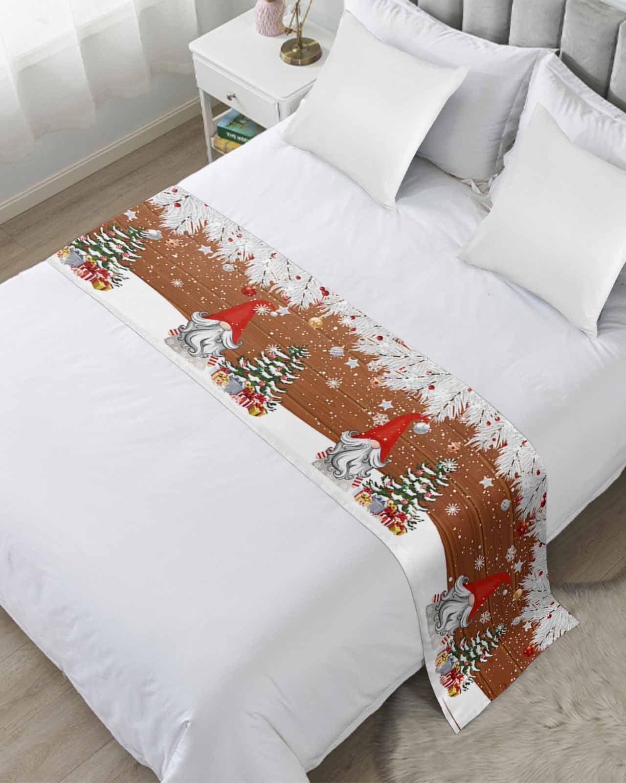 Bed Runner Scarf Queen Size, Red Gnomes Christmas Stain Bed Runners ...