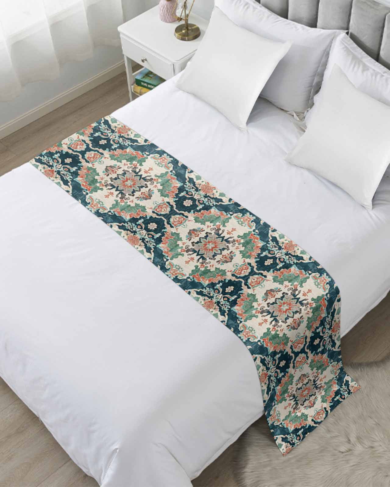 Bed Runner Scarf Queen Size, Teal Green Boho Floral Stain Bed Runners ...