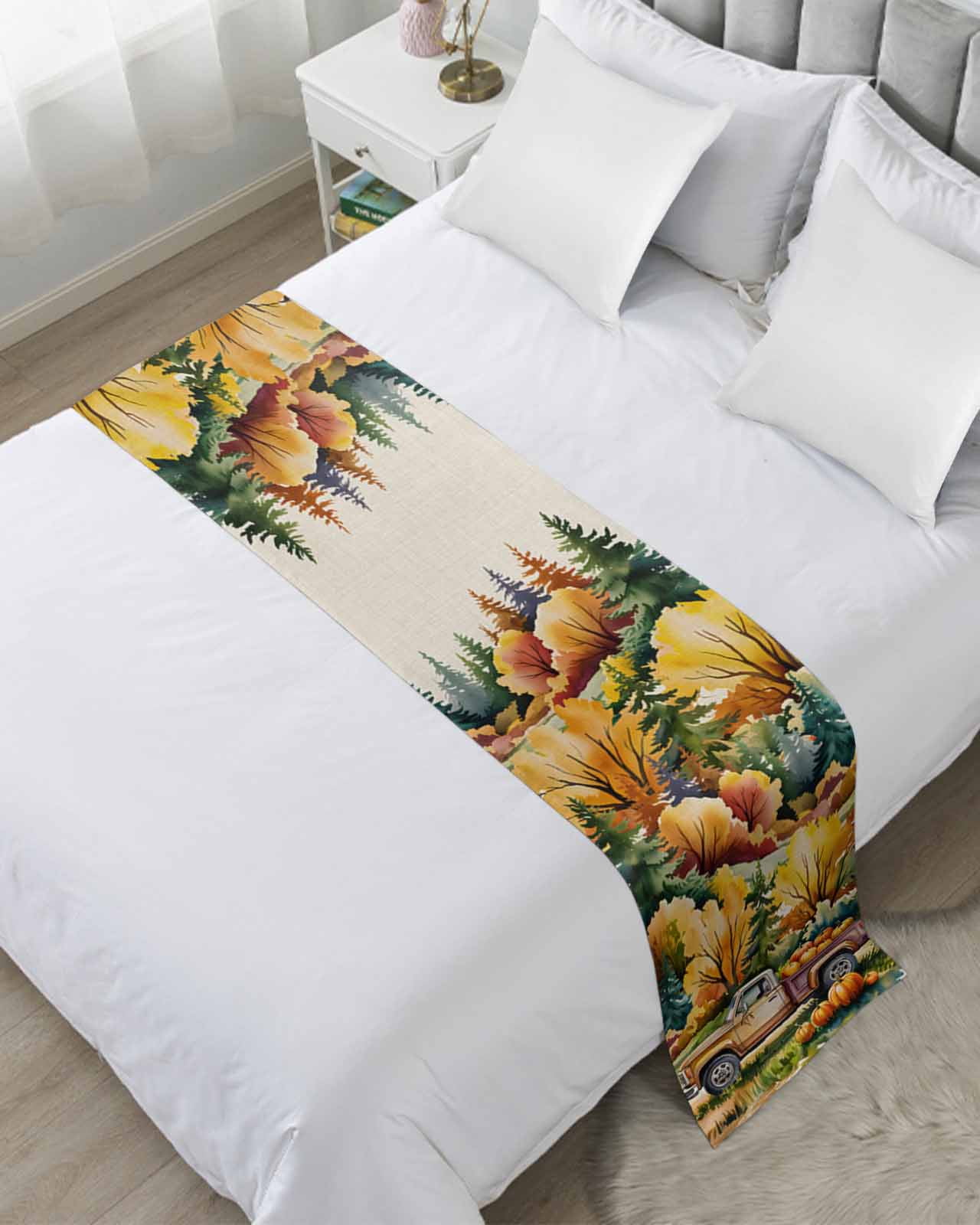 Bed Runner Scarf Queen Size, Thanksgiving Fall Truck Stain Bed Runners ...