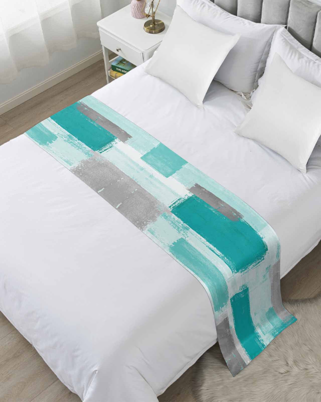 Bed Runner Scarf Queen Size, Turquoise Grey Ombre Stain Bed Runners ...