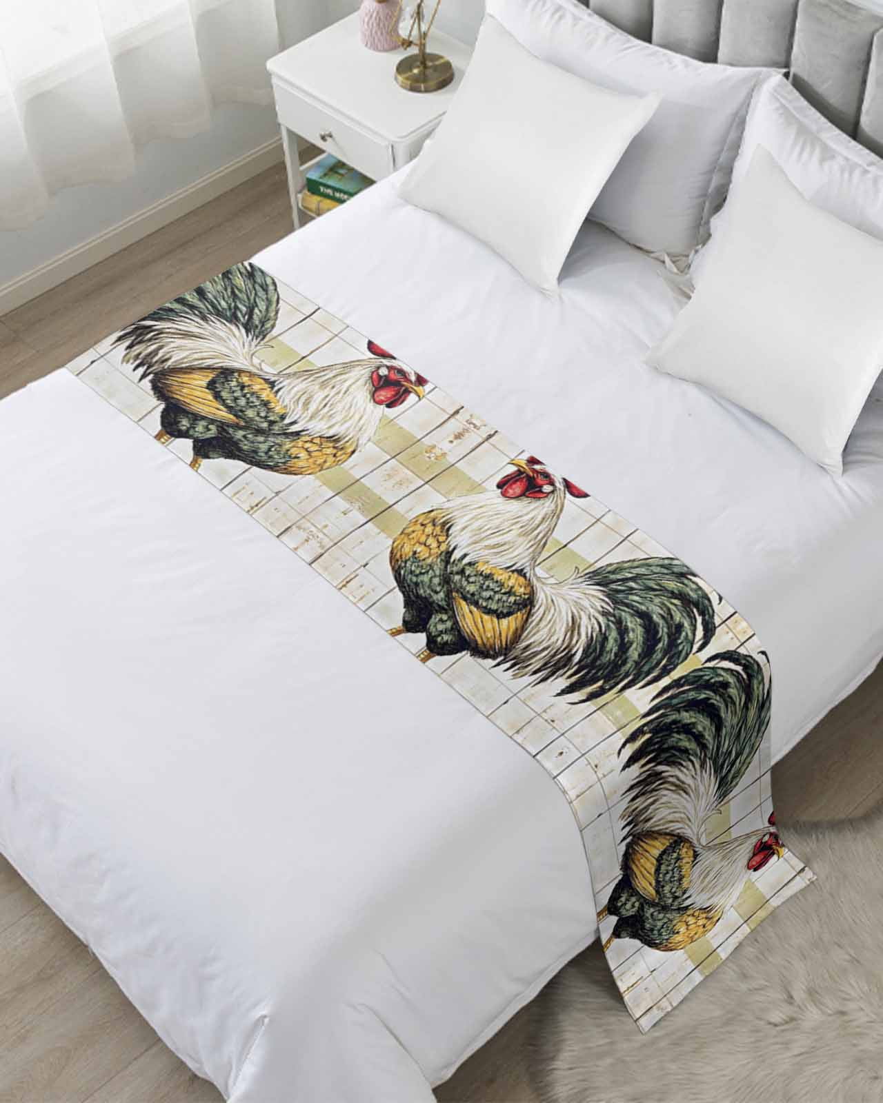 Bed Runner Scarf Queen Size, Vintage Rooster Stain Bed Runners & Scarves for Foot of Beds, Retro ...