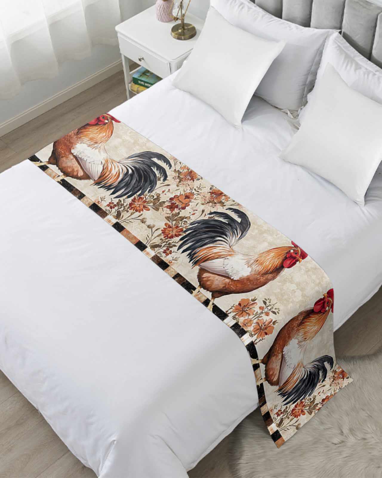 Bed Runner Scarf Queen Size, Vintage Rooster Stain Bed Runners ...