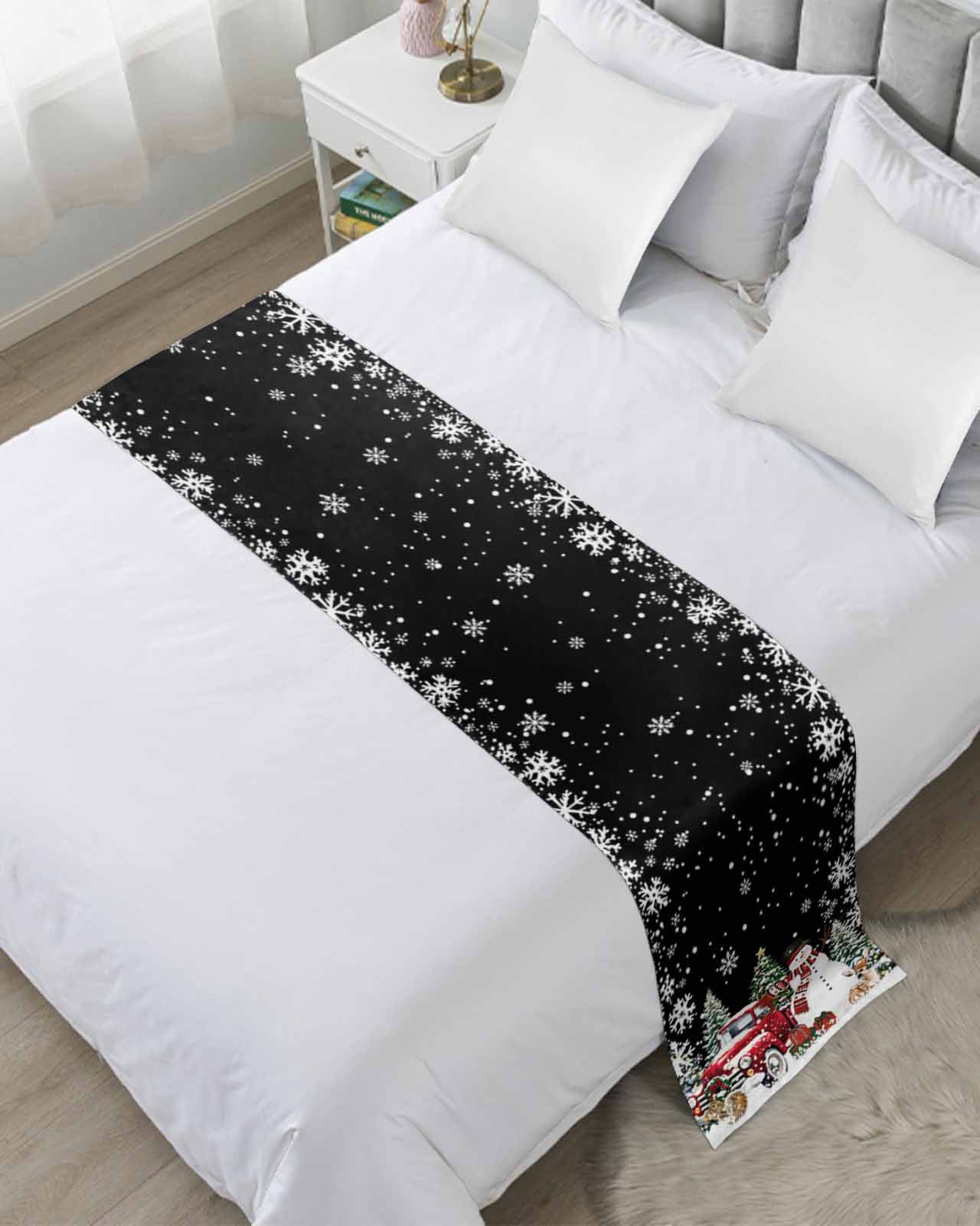 Bed Runner Scarf for Twin Size Bed, Black Christmas Snowman Beds Scarf ...