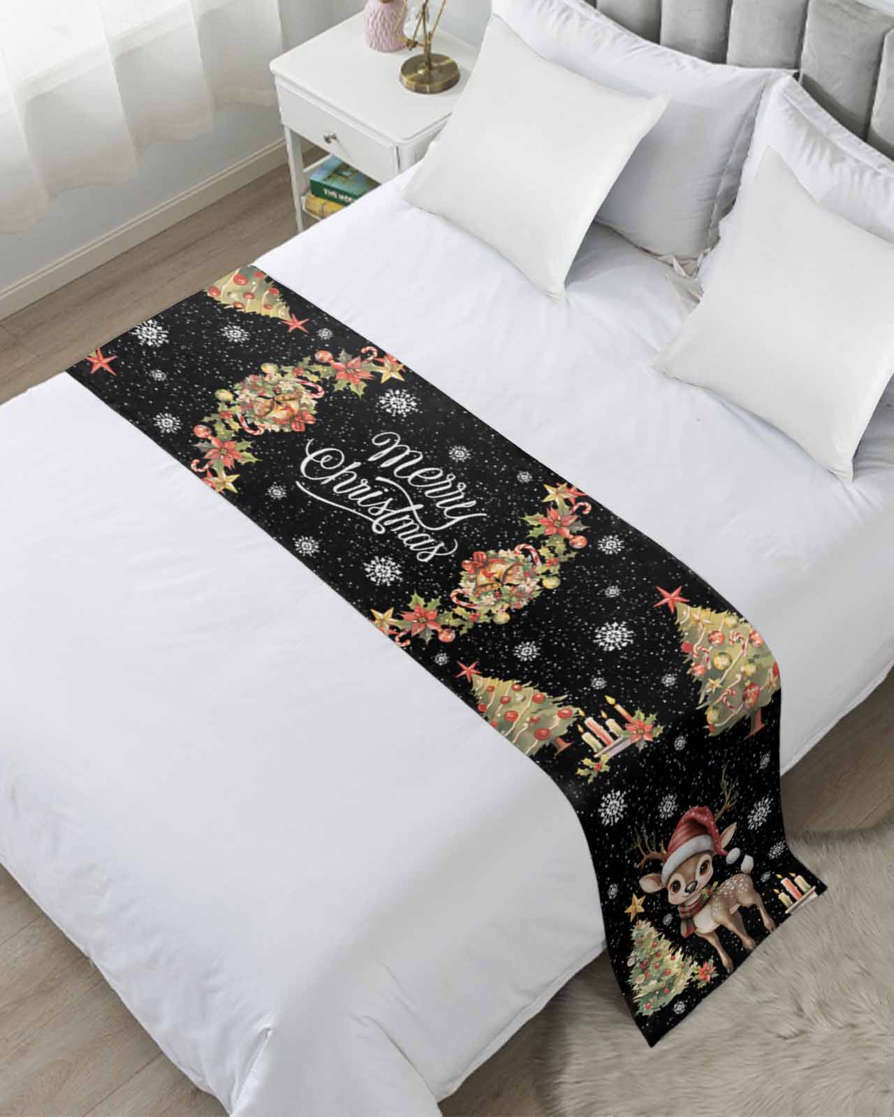 Bed Runner Scarf Twin Size, Black Christmas Elk Stain Bed Runners ...
