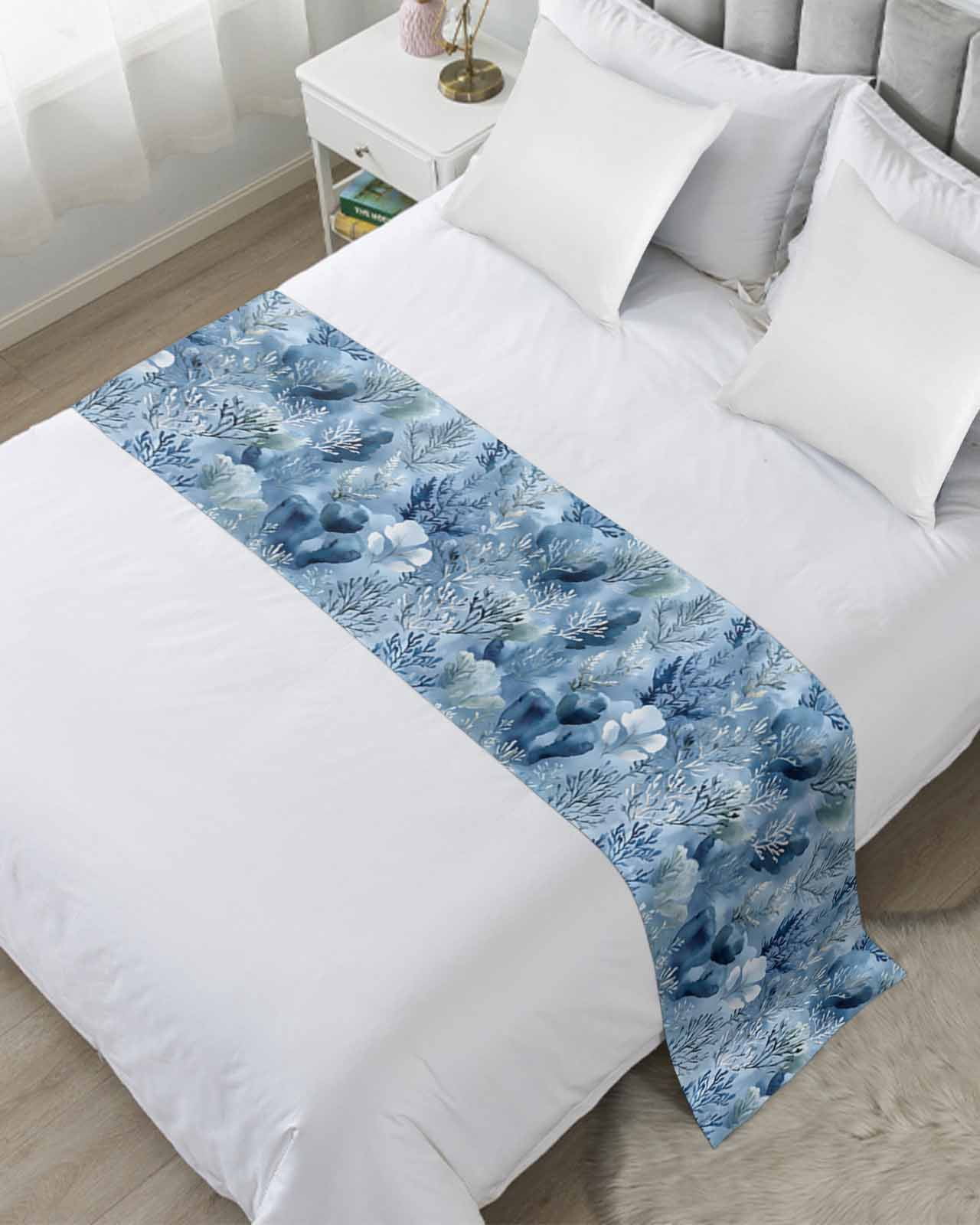 Bed Runner Scarf Twin Size, Blue Botanical Art Stain Bed Runners ...