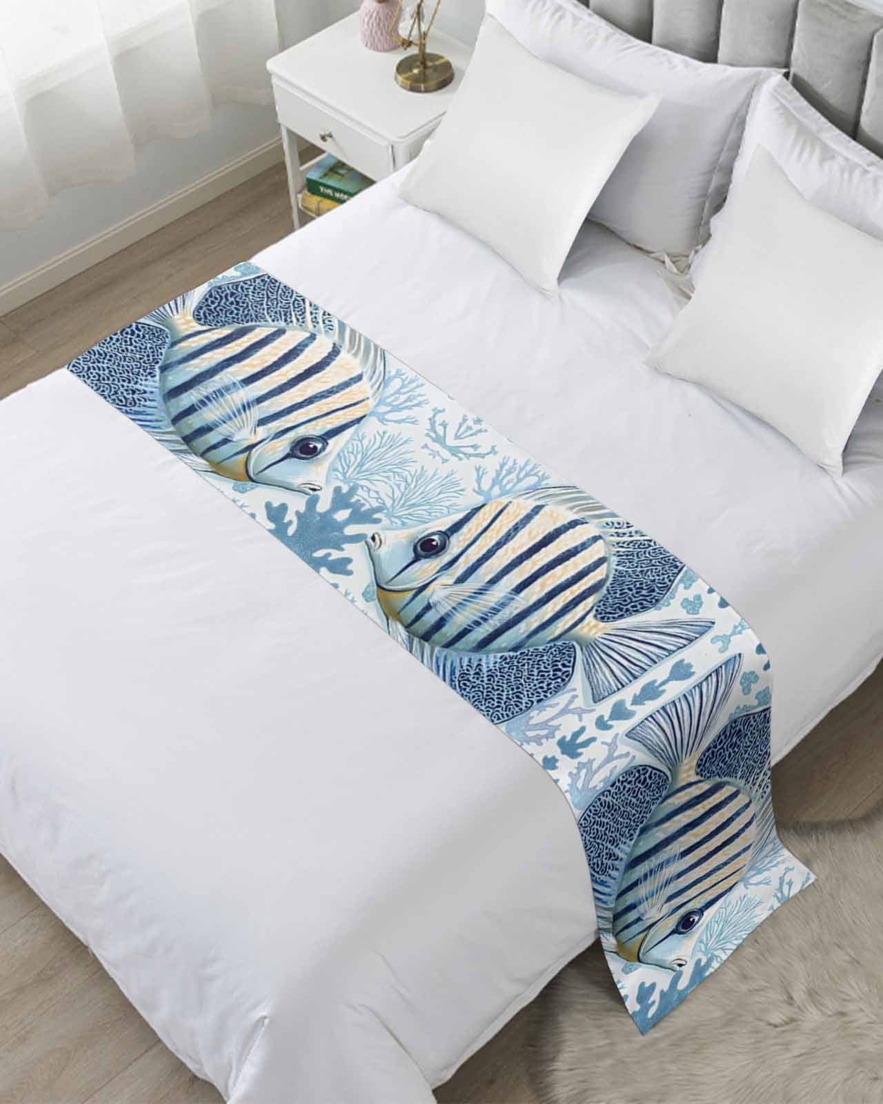 Bed Runner Scarf Twin Size, Blue Coastal Fish Stain Bed Runners ...