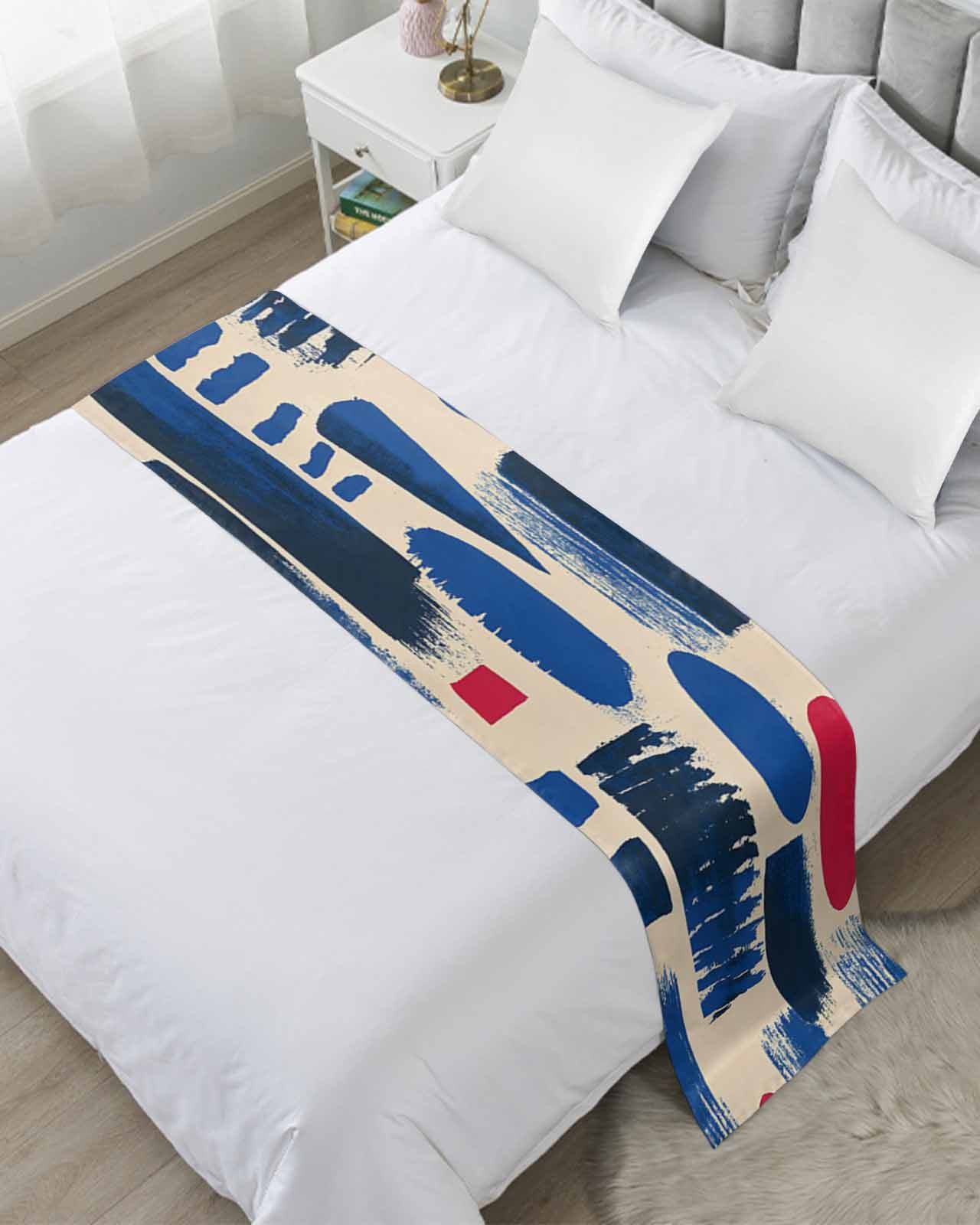 Bed Runner Scarf Twin Size, Blue Red Color Block Stain Bed Runners ...