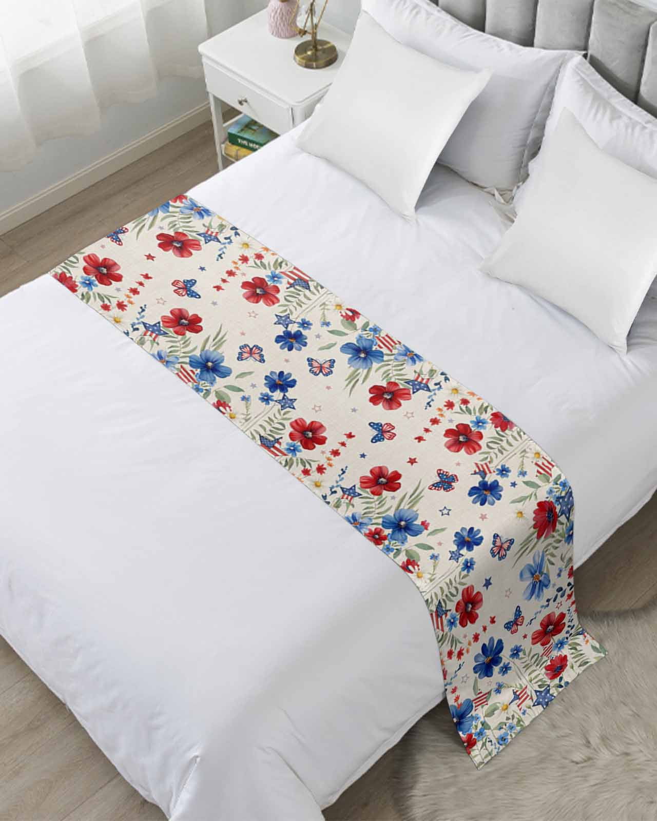 Bed Runner Scarf Twin Size, Blue Red Spring Floral Stain Bed Runners ...