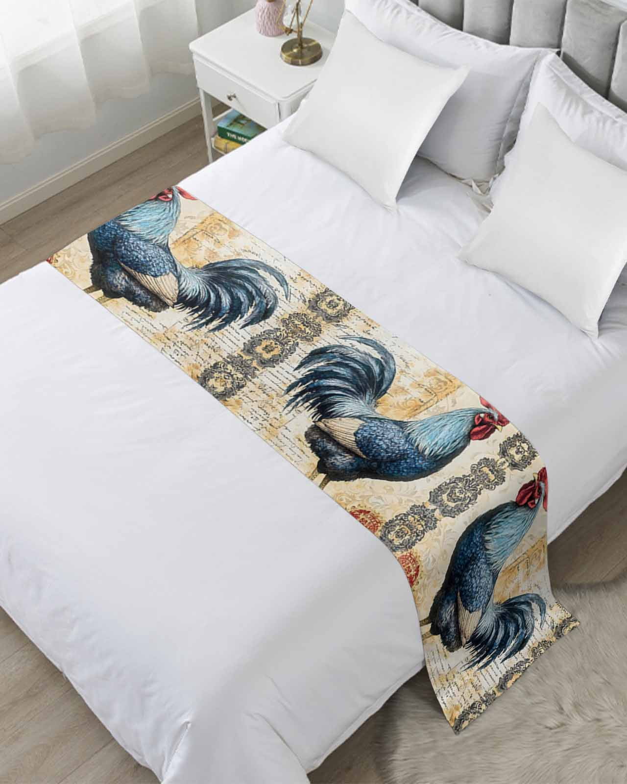 Bed Runner Scarf Twin Size, Blue Retro Rooster Stain Bed Runners ...