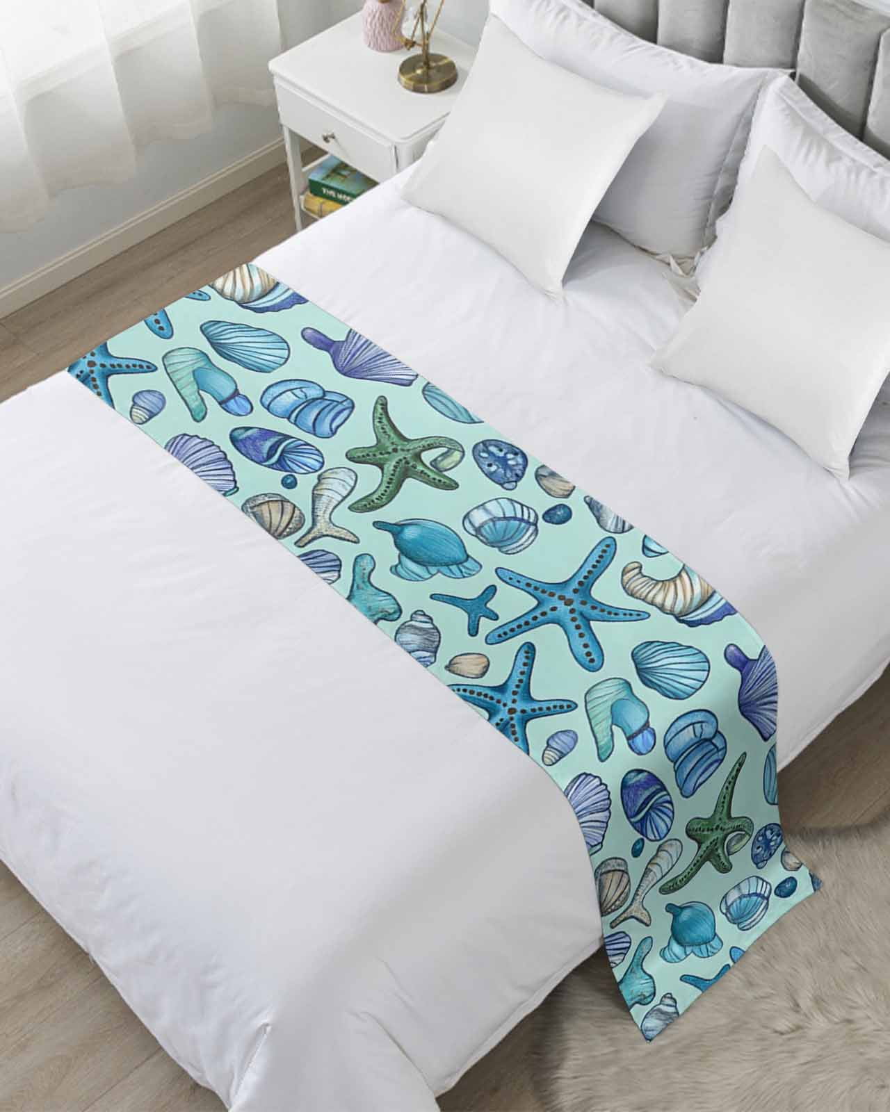 Bed Runner Scarf Twin Size, Blue Starfish Coastal Stain Bed Runners ...