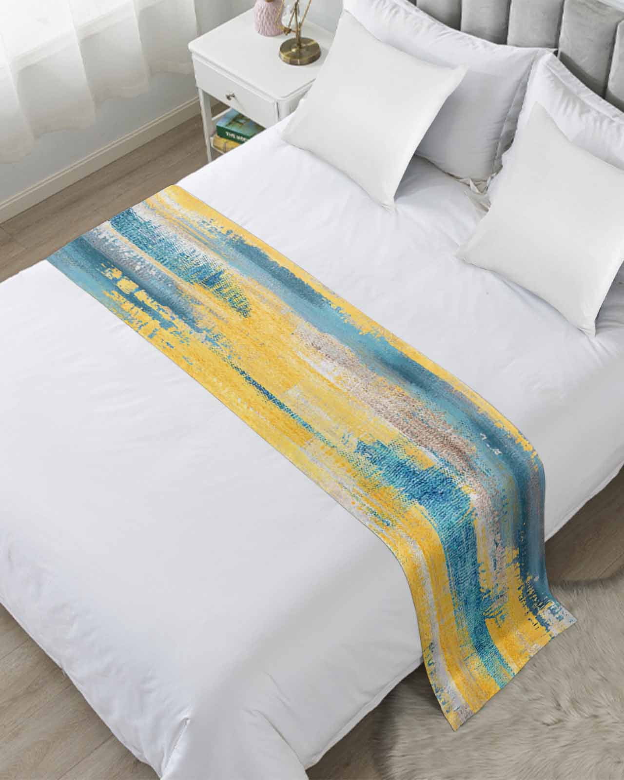 Bed Runner Scarf Twin Size, Blue Yellow Brown Stain Bed Runners ...