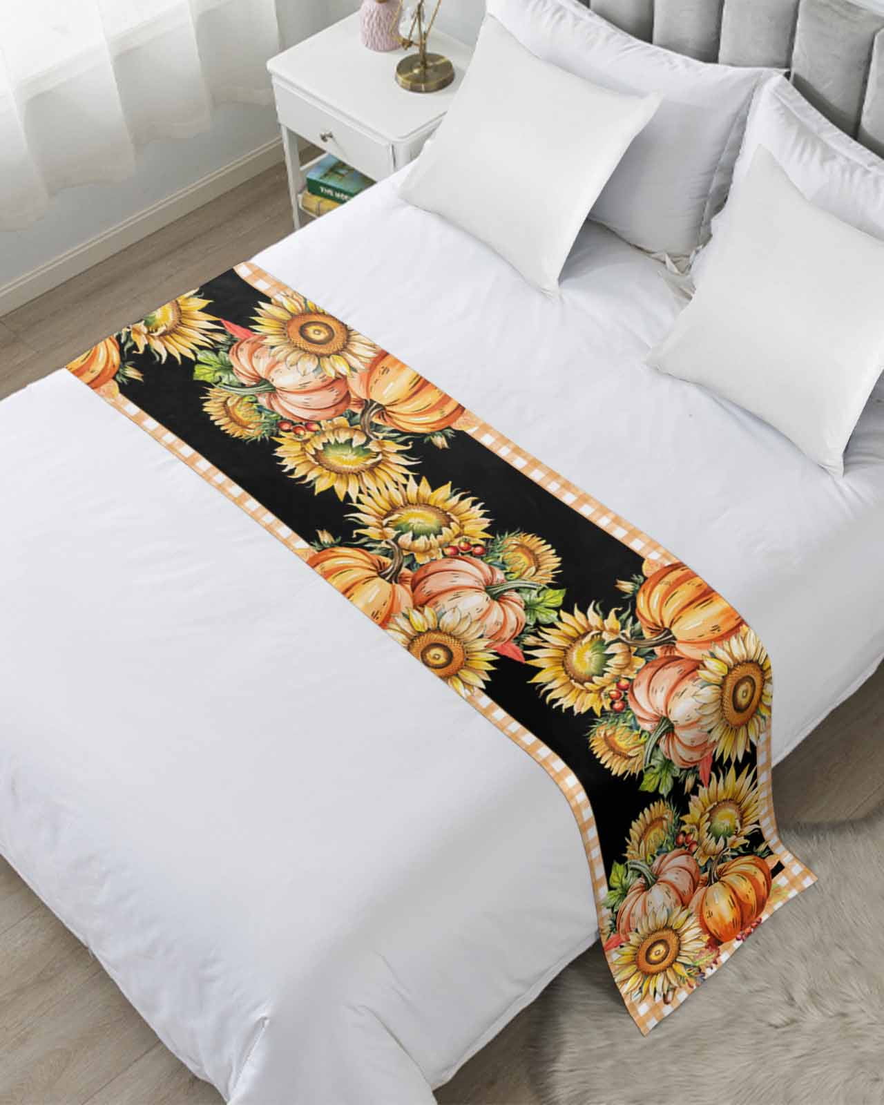 Bed Runner Scarf Twin Size, Burnt Orange Yellow Pumpkins Fall Stain Bed ...