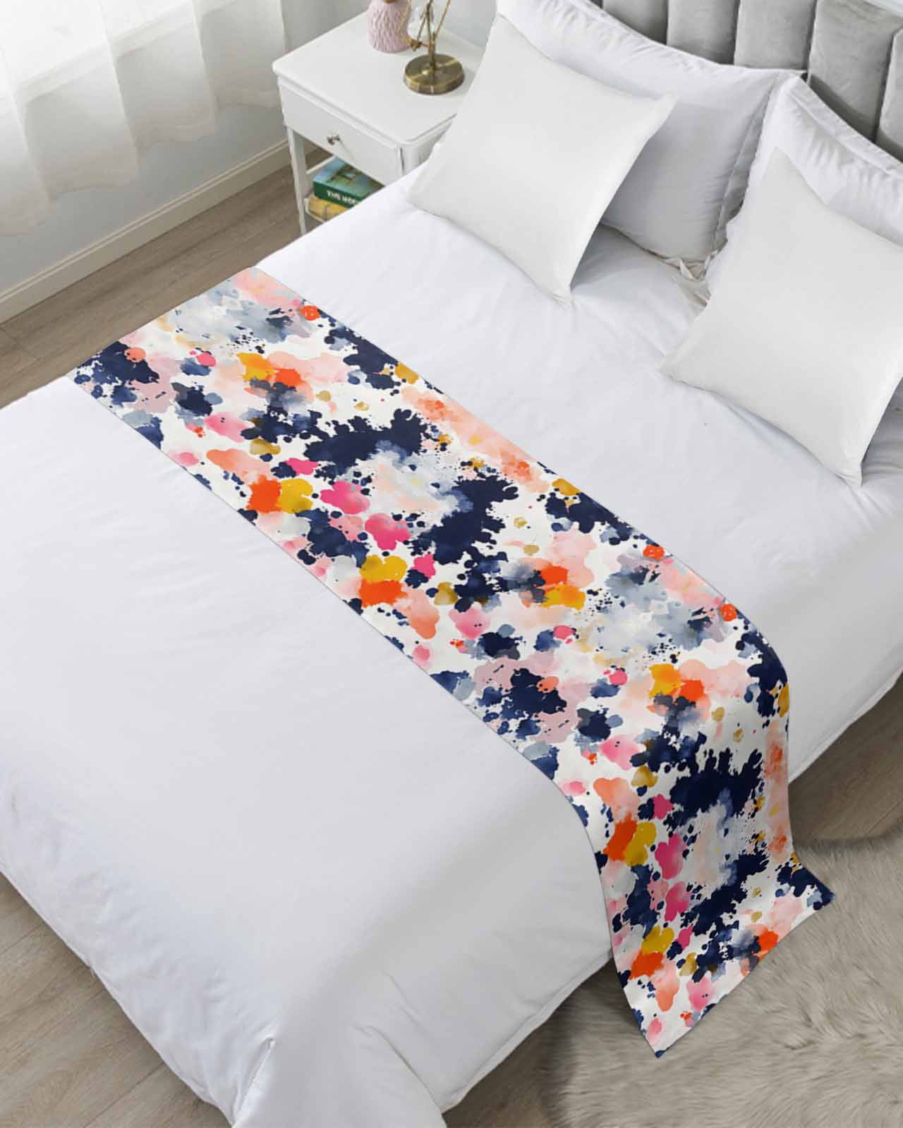 Bed Runner Scarf Twin Size, Colorful Ink Splash Stain Bed Runners ...