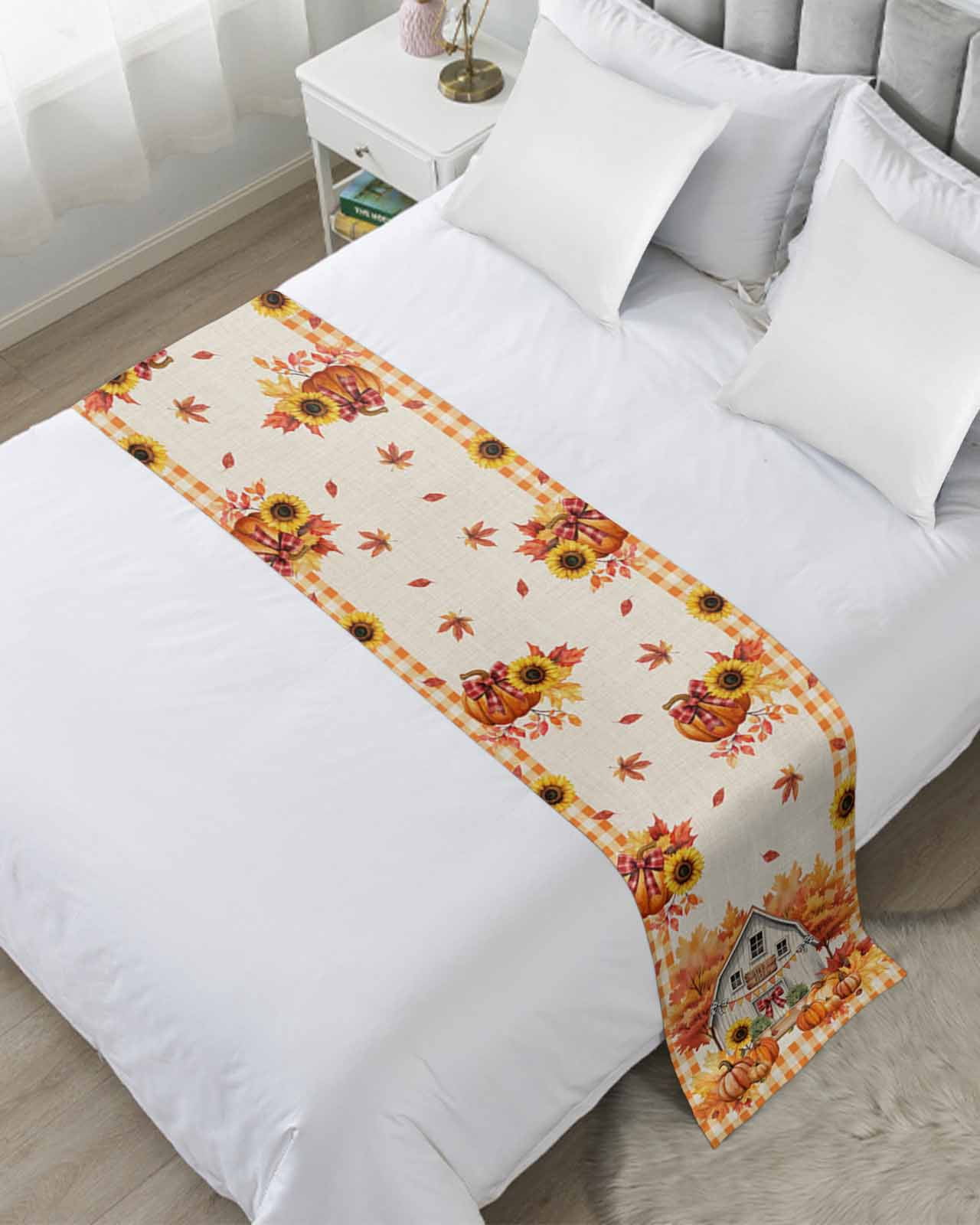 Bed Runner Scarf Twin Size, Fall Orange Pumpkins Stain Bed Runners ...