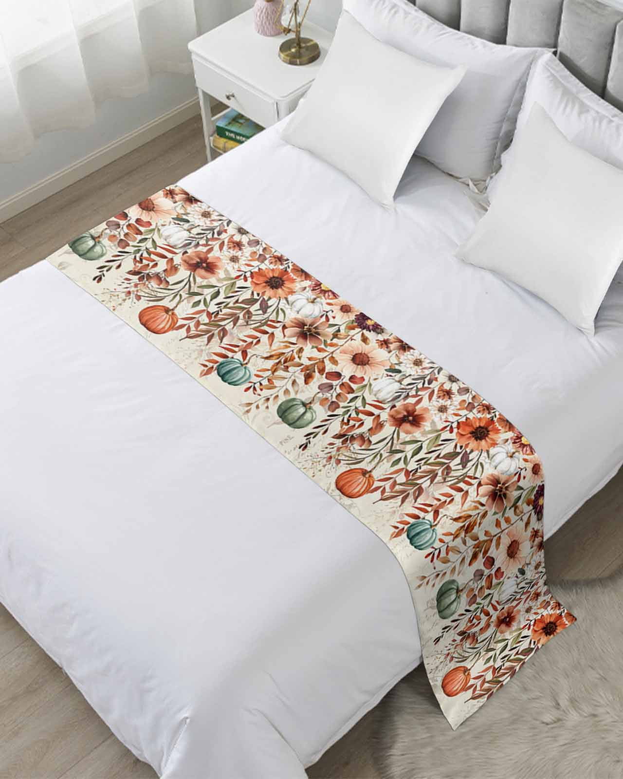 Bed Runner Scarf Twin Size, Orange Teal Fall Pumpkins Stain Bed Runners ...