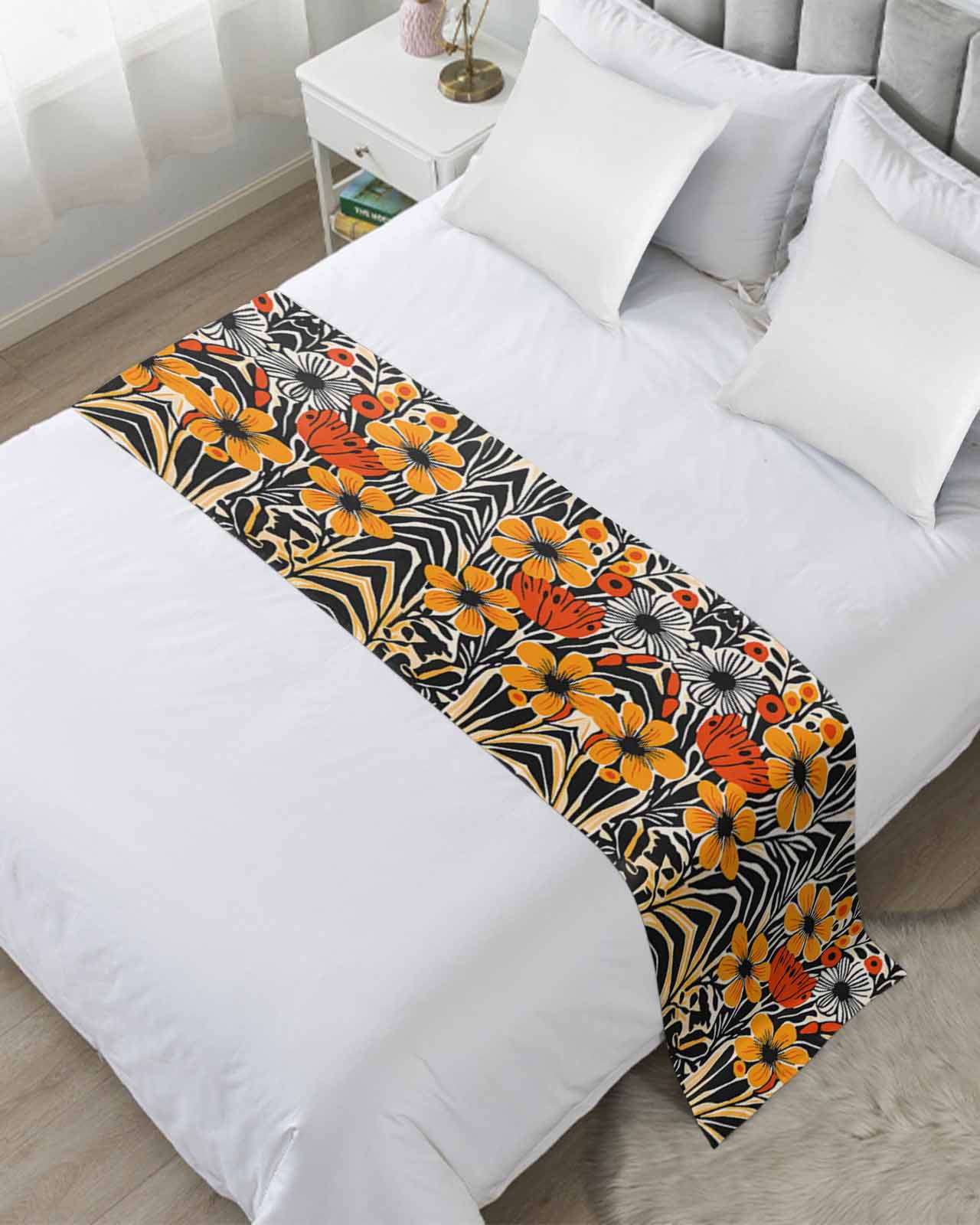 Bed Runner Scarf Twin Size, Orange Yellow Black Botanical Stain Bed ...