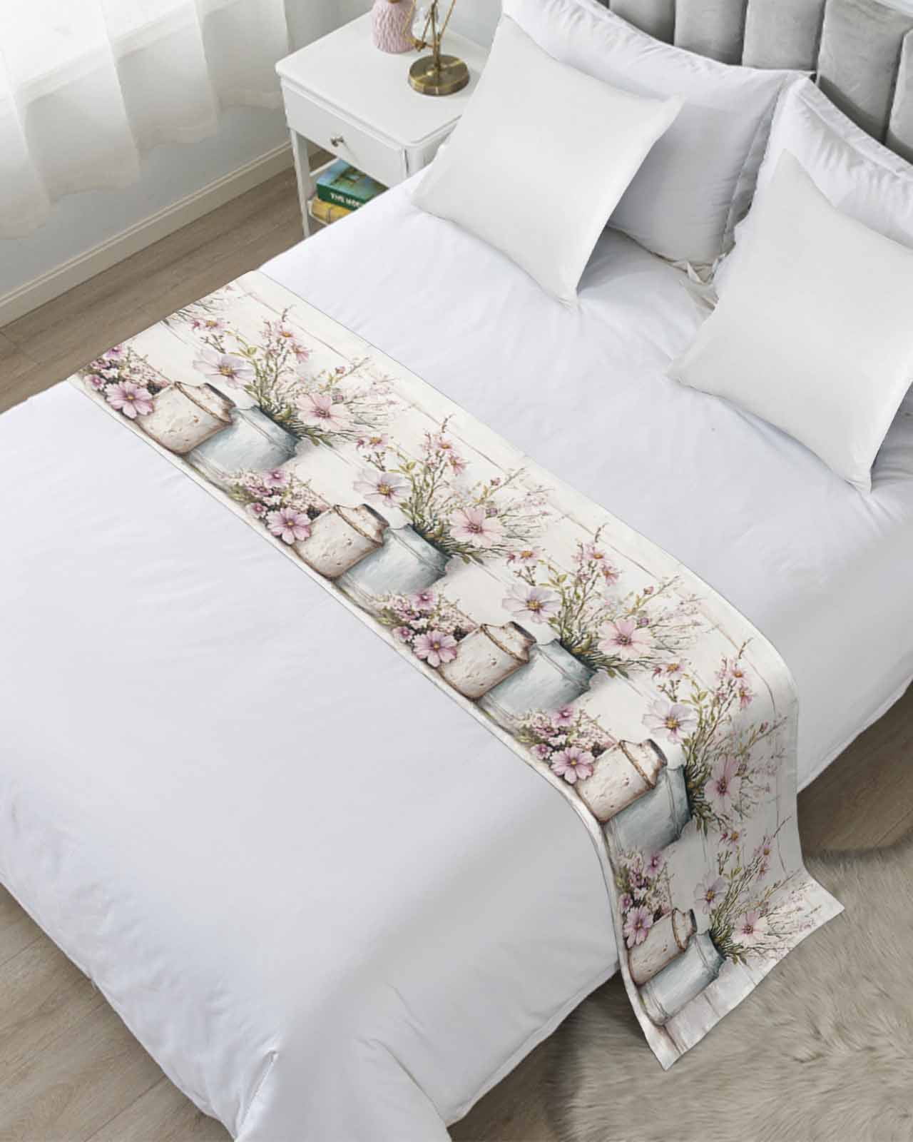 Bed Runner Scarf Twin Size, Pink Flower Stain Bed Runners & Scarves for ...
