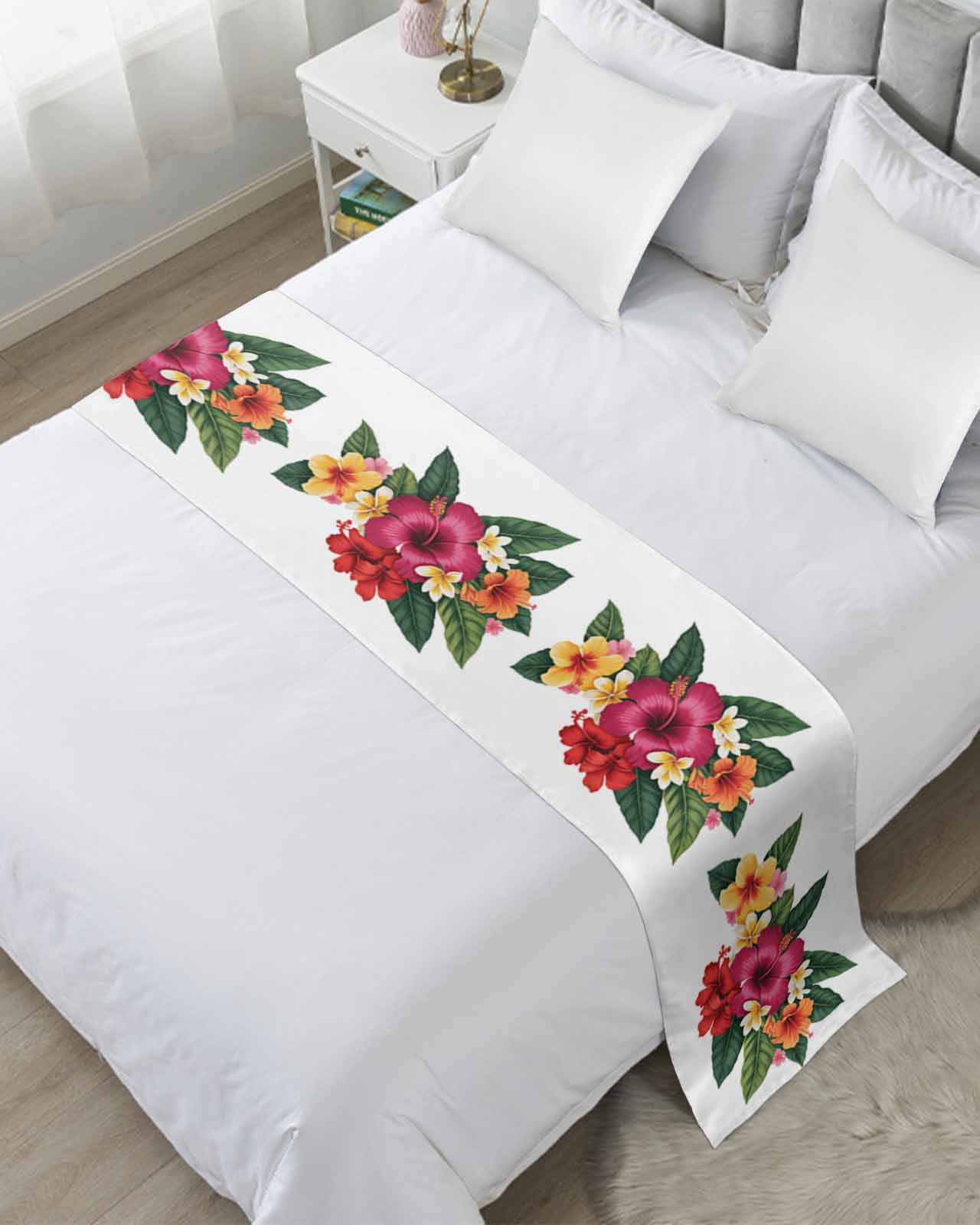 Bed Runner Scarf Twin Size, Pink Red Yellow Hibiscus Stain Bed Runners ...