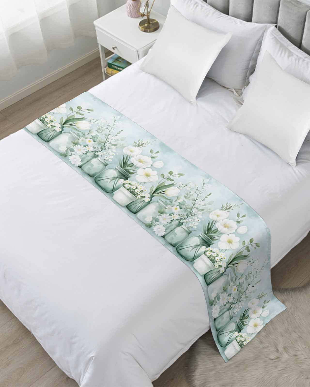 Bed Runner Scarf Twin Size, Teal Flower Stain Bed Runners & Scarves for ...