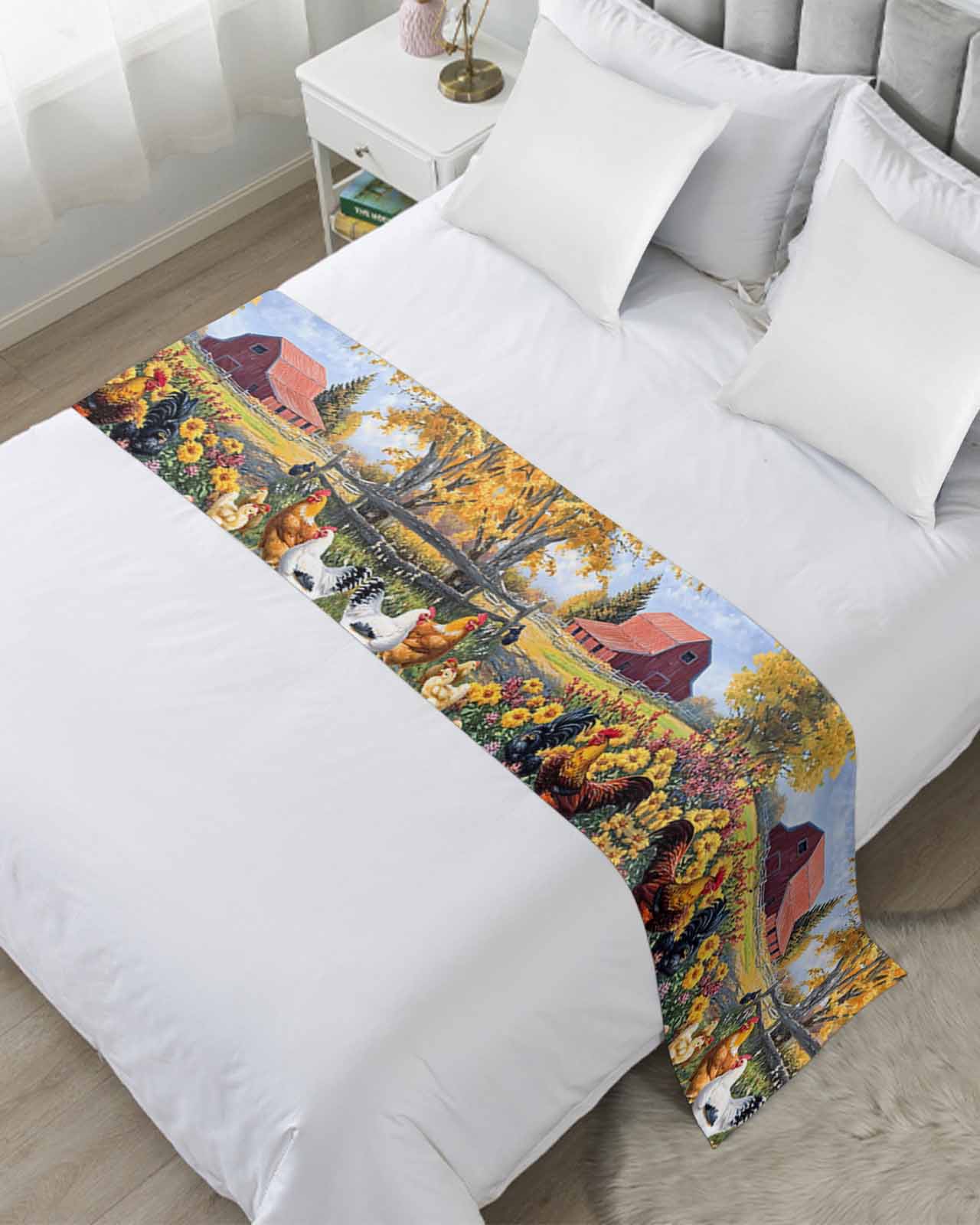 Bed Runner Scarf Twin Size, Yellow Retro Rooster Stain Bed Runners ...