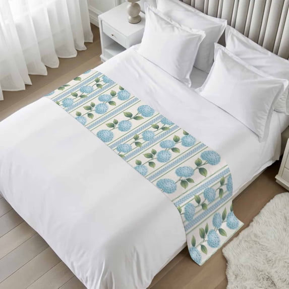 Bed Runner Teal Blue Hydrangea Flower Bedding Scarves Soft Decorative ...
