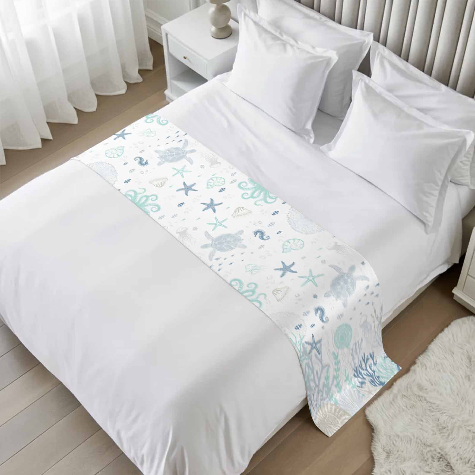 Bed Runner Teal Blue Turtle Shell Bedding Scarves Soft Decorative Bed ...